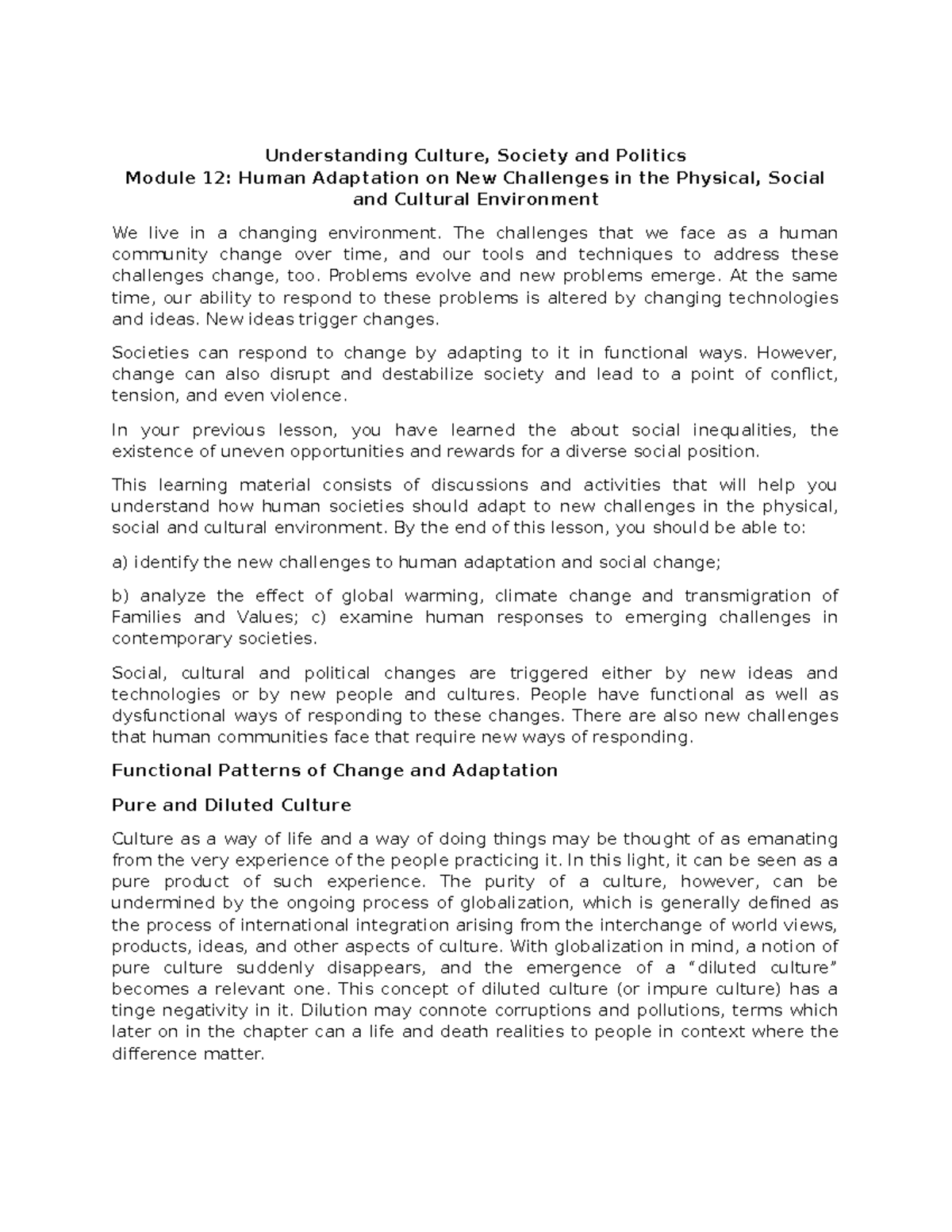 M12 - Module 12 - Understanding Culture, Society and Politics Module 12 ...