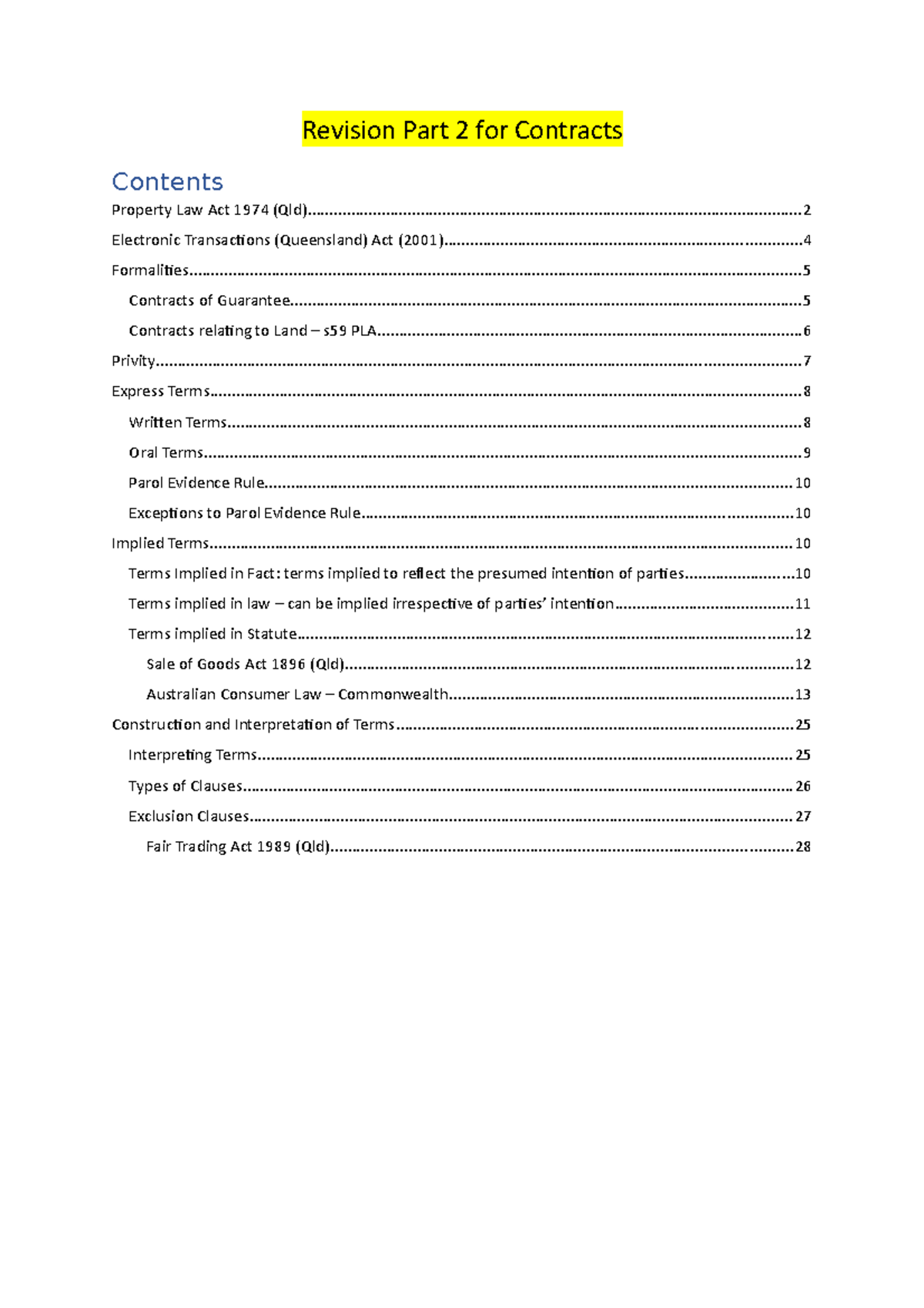 Exam Revision Notes for Contracts 1 2018 - Revision Part 2 for ...