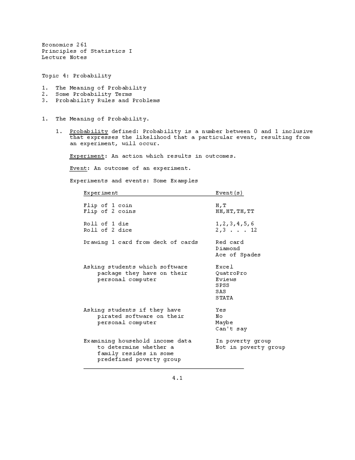 Lecture notes - Probability, probability - Economics 261 Principles of ...