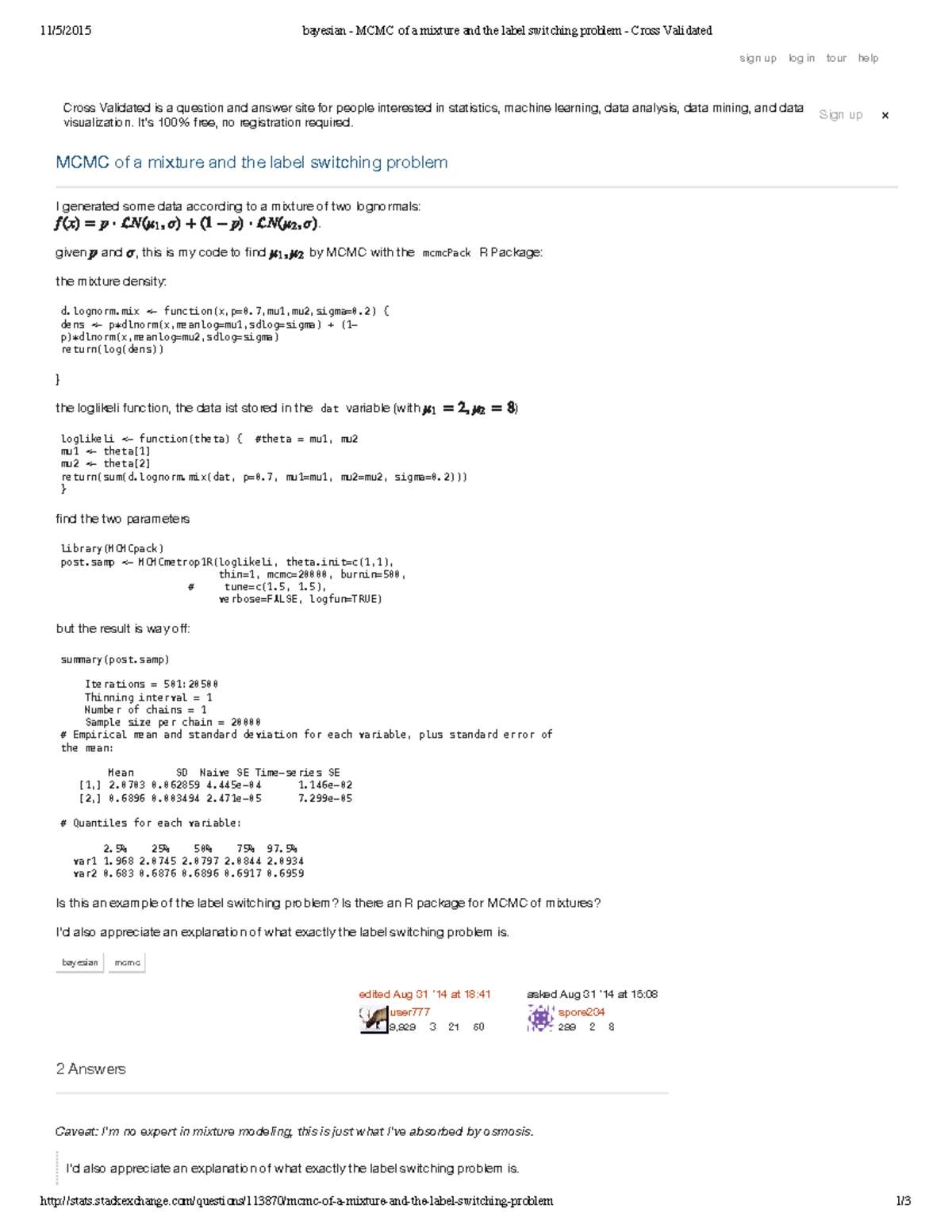 Bayesian Mcmc Of A Mixture And The Label Switching Problem Cross