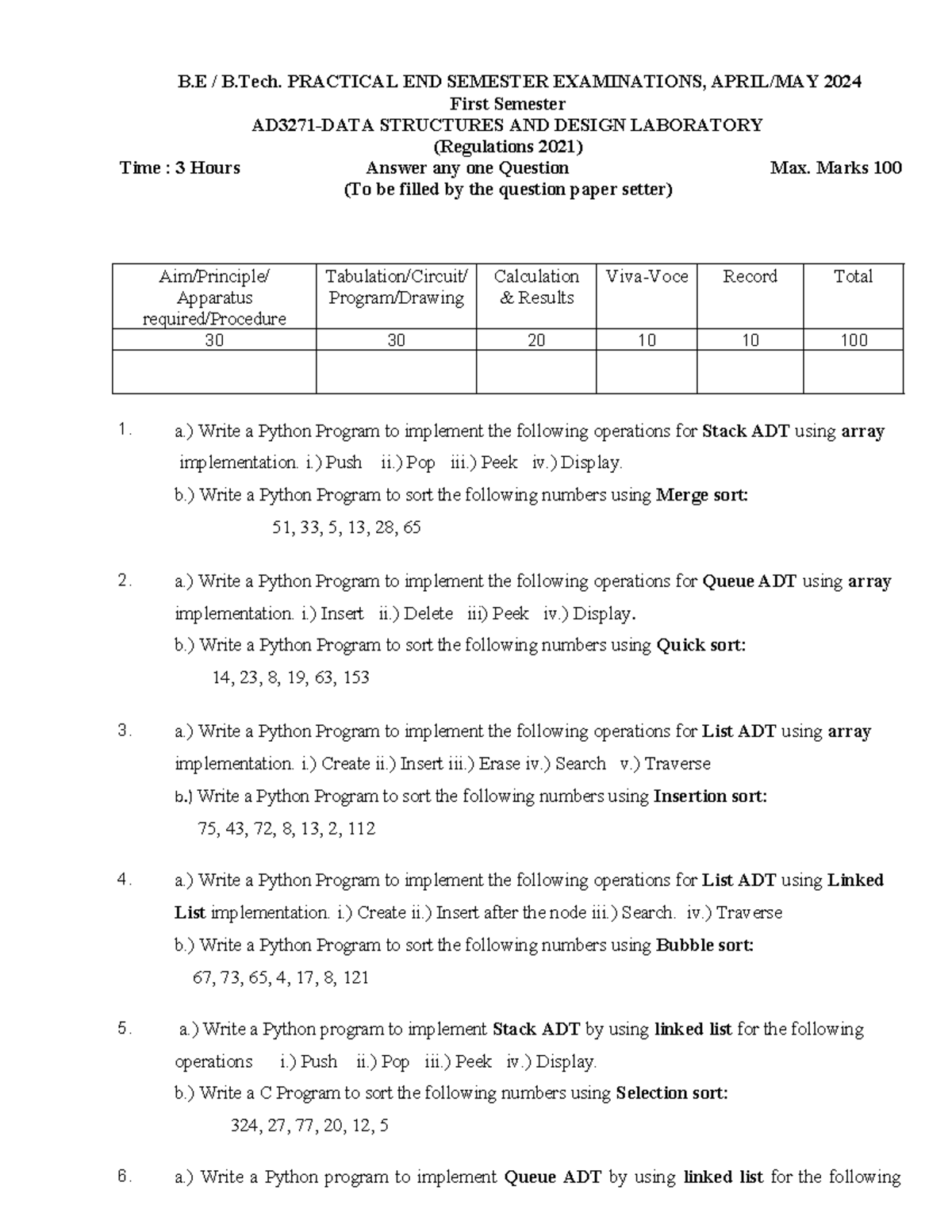 AD3271 SET1 ANNA - notes - B / B. PRACTICAL END SEMESTER EXAMINATIONS ...