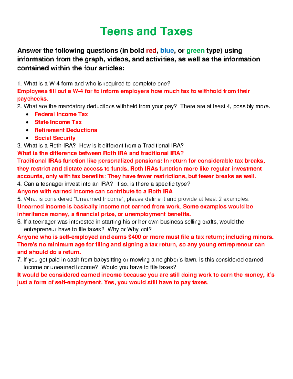Teens and Taxes Assignment 2 - Teens and Taxes Answer the following ...