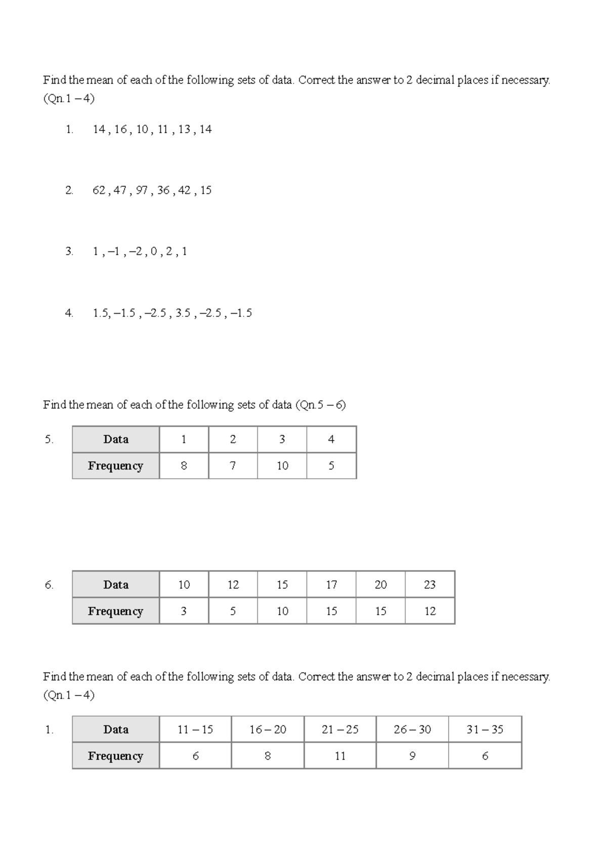 Exos Measures of Central Tendency - Find the mean of each of the ...