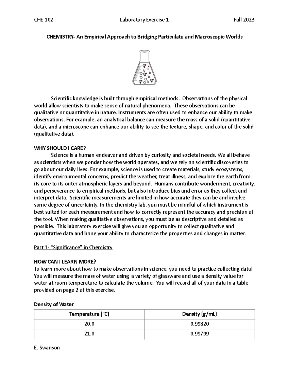 CHEM LAB 1 - teaches us how to calculate density and mass of water ...
