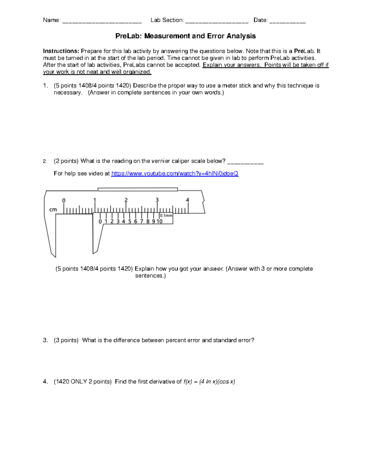 14081420 Prelab 1 Measurement and Error Analysis - Name ...