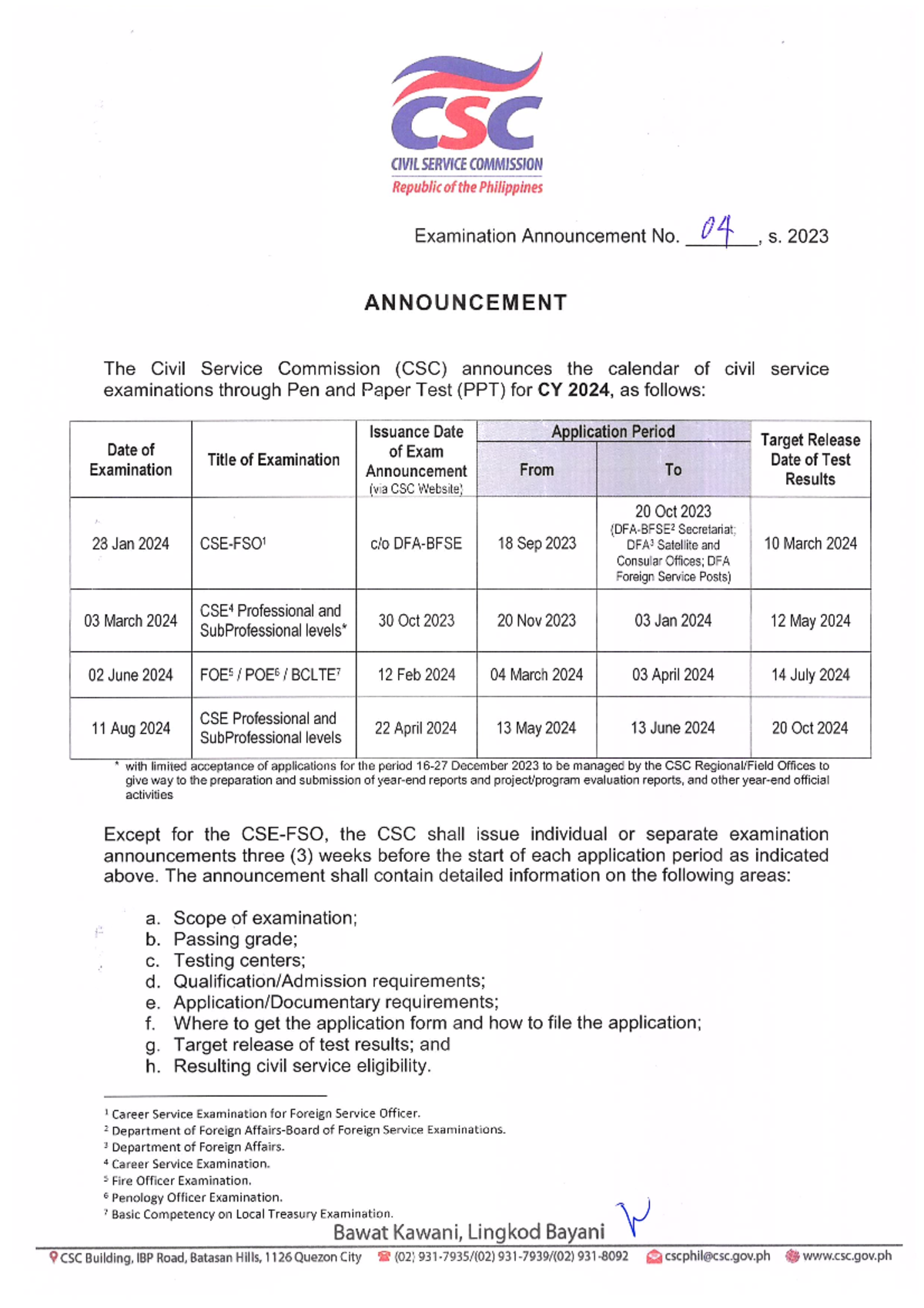Exam Announcement 04s2023 PPT Exam Calendar CY 2024 - BSCE - Studocu