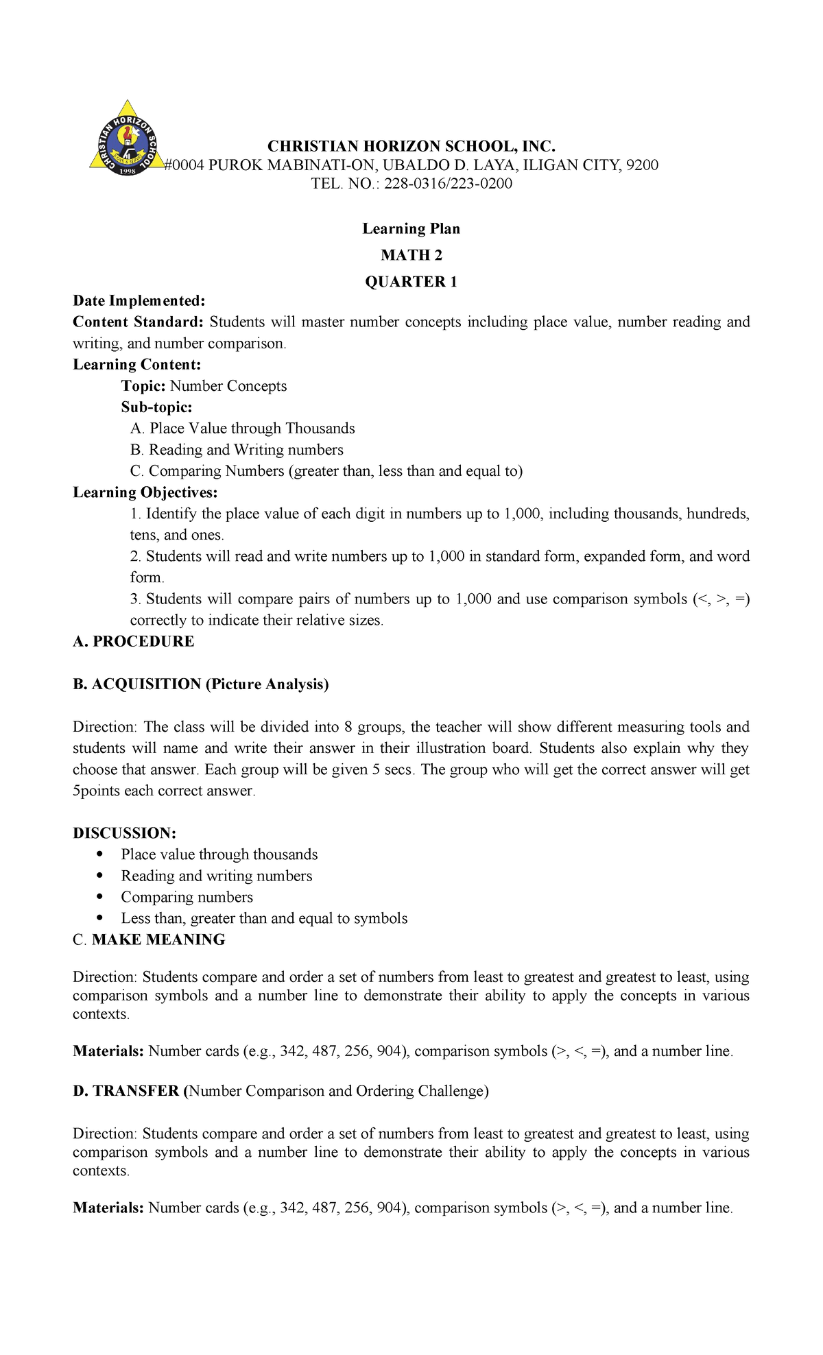 LP1 MATH 2 Week 4, 5 - lesson plan - CHRISTIAN HORIZON SCHOOL, INC ...