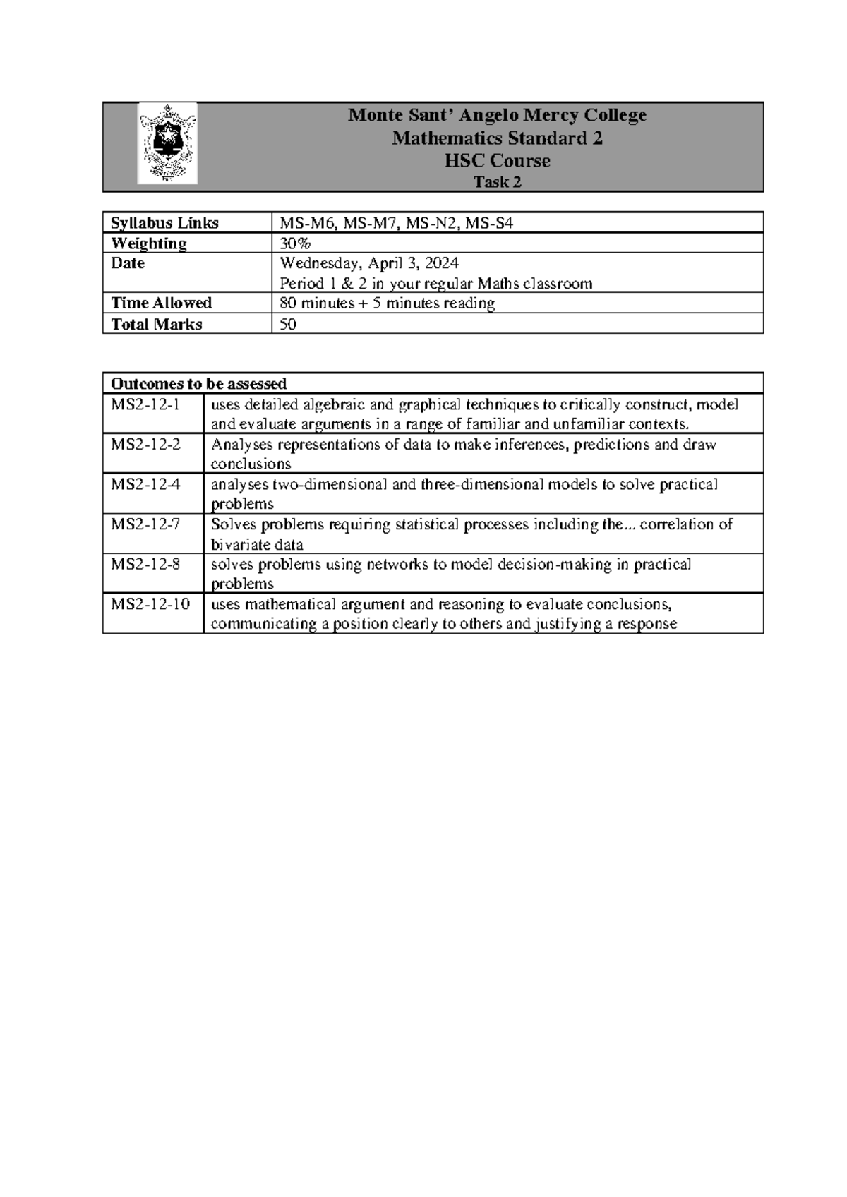 Yr 12 Maths Std Notification Task 2 March 2024 - Monte Sant’ Angelo ...