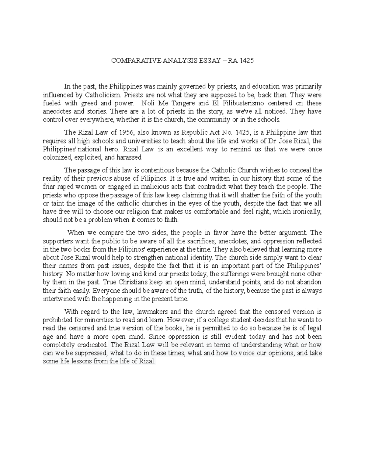 Comparative Analysis- RA1425 - COMPARATIVE ANALYSIS ESSAY – RA 1425 In ...