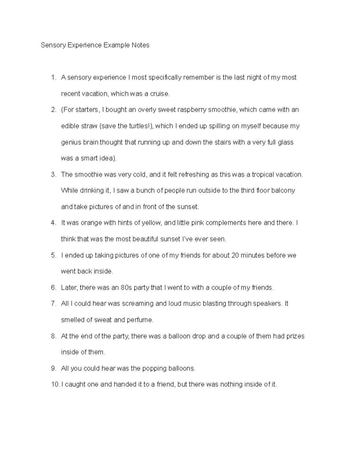 Sensory Experience Example Notes - (For starters, I bought an overly ...