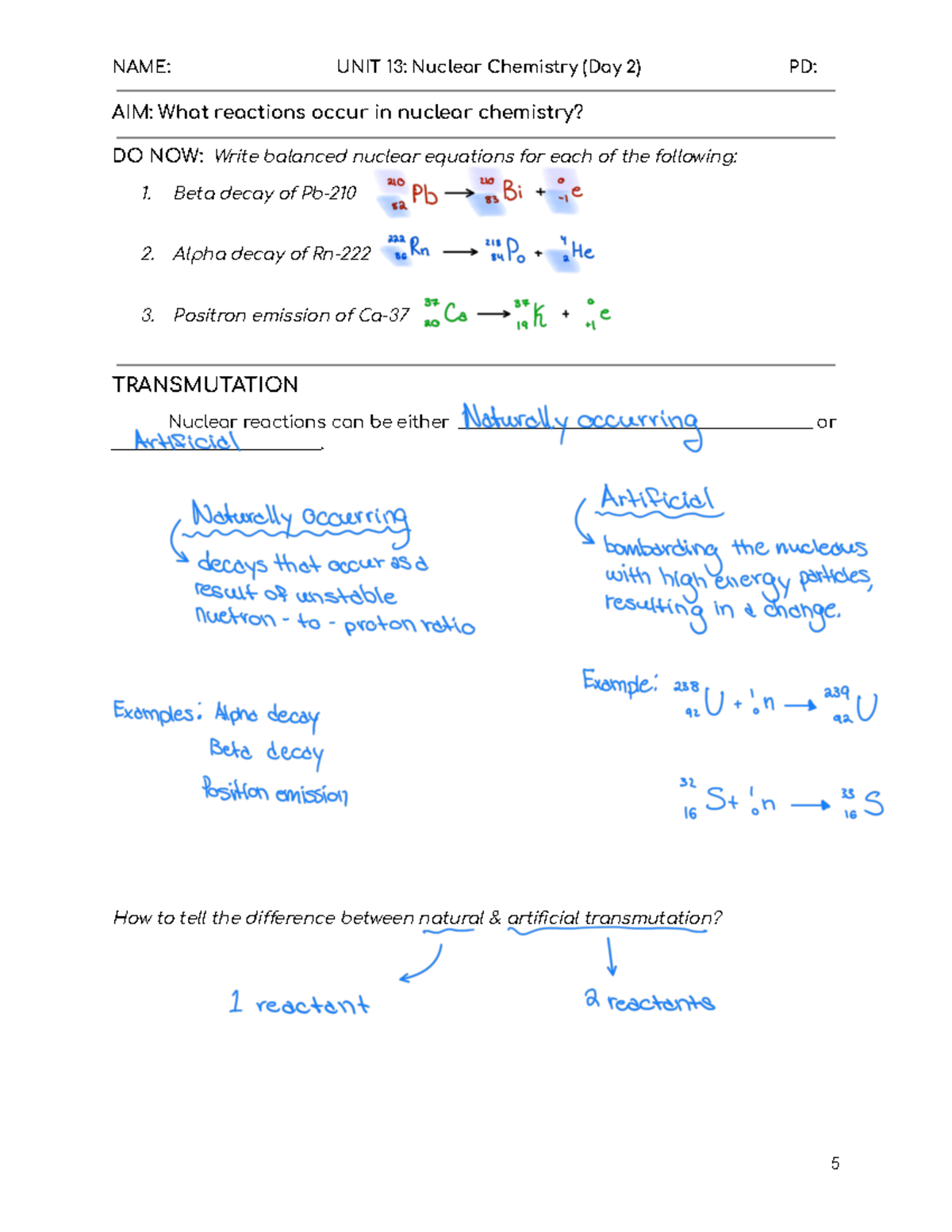 Unit 13 Day 2 Transmutation - NAME: UNIT 13: Nuclear Chemistry (Day 2 ...