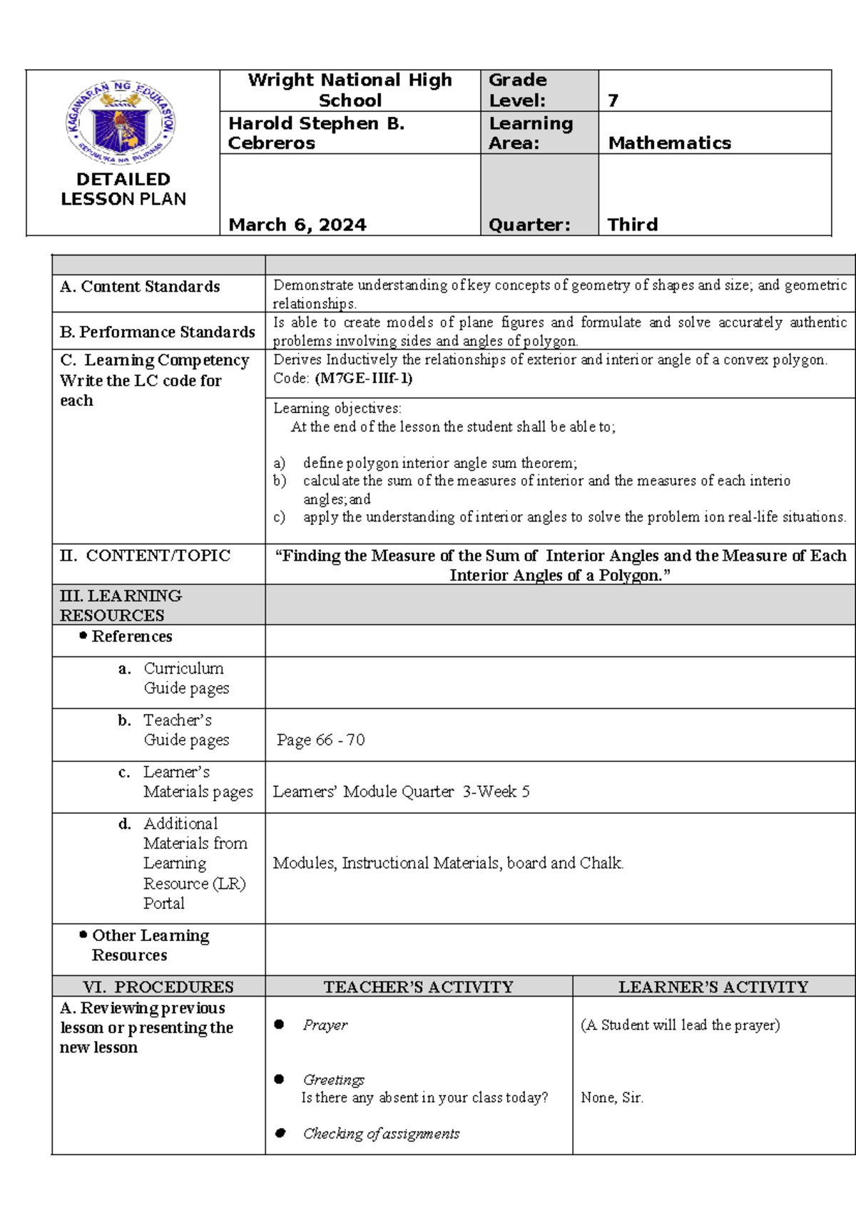 2. Finding-Sum-Interiod & each Interior angle - DETAILED LESSON PLAN ...