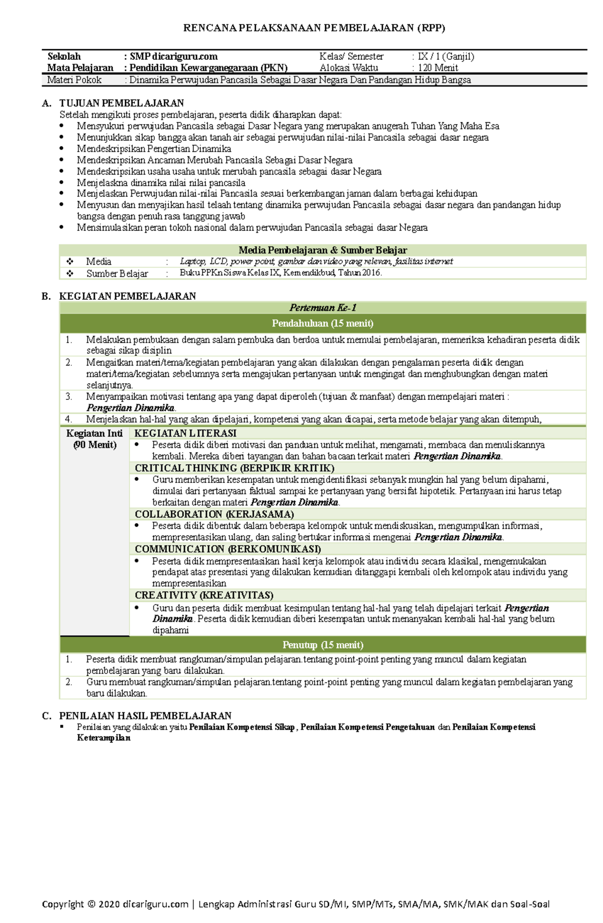 Dicariguru.com RPP PKN Kls 9 Bab 1 - RENCANA PELAKSANAAN PEMBELAJARAN ...