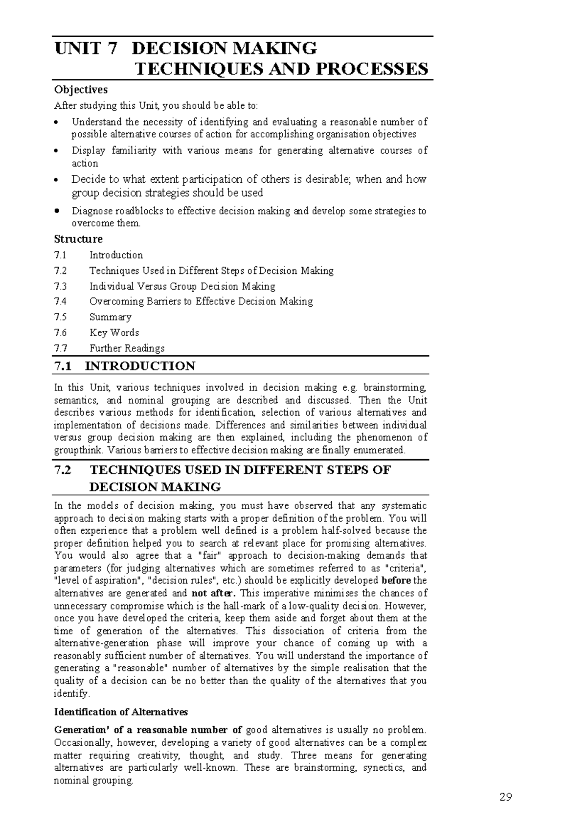 Unit-7 - btech - Techniques and Processes UNIT 7 DECISION MAKING TECHNIQUES AND PROCESSES ...