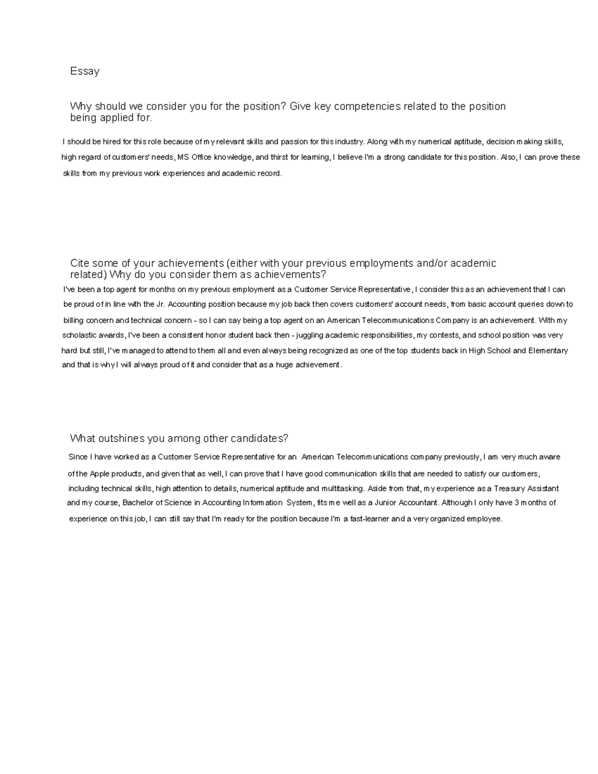 Essay PMCI - Essay Why should we consider you for the position? Give ...