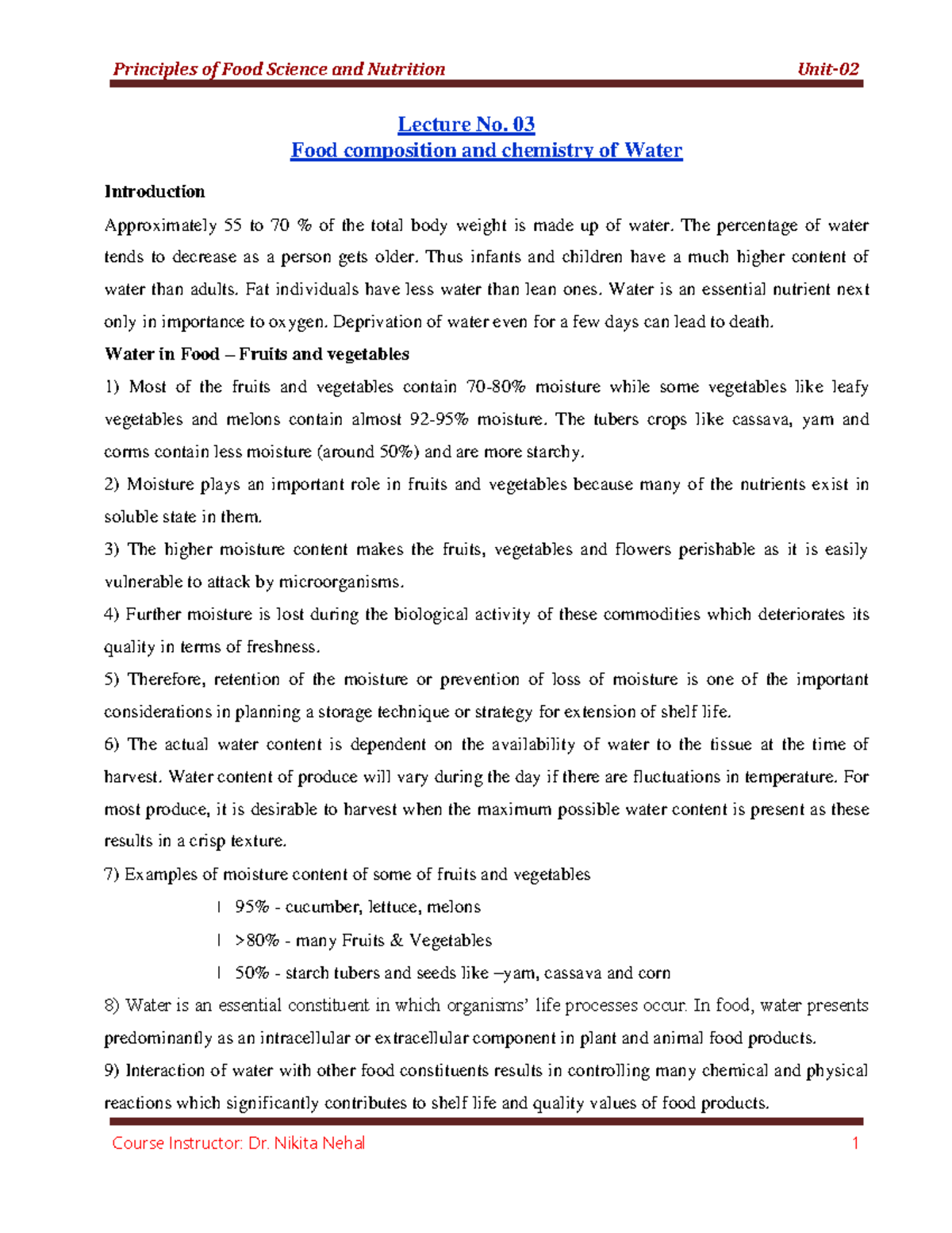 3. Water - BEST NOTES - Lecture No. 03 Food composition and chemistry ...