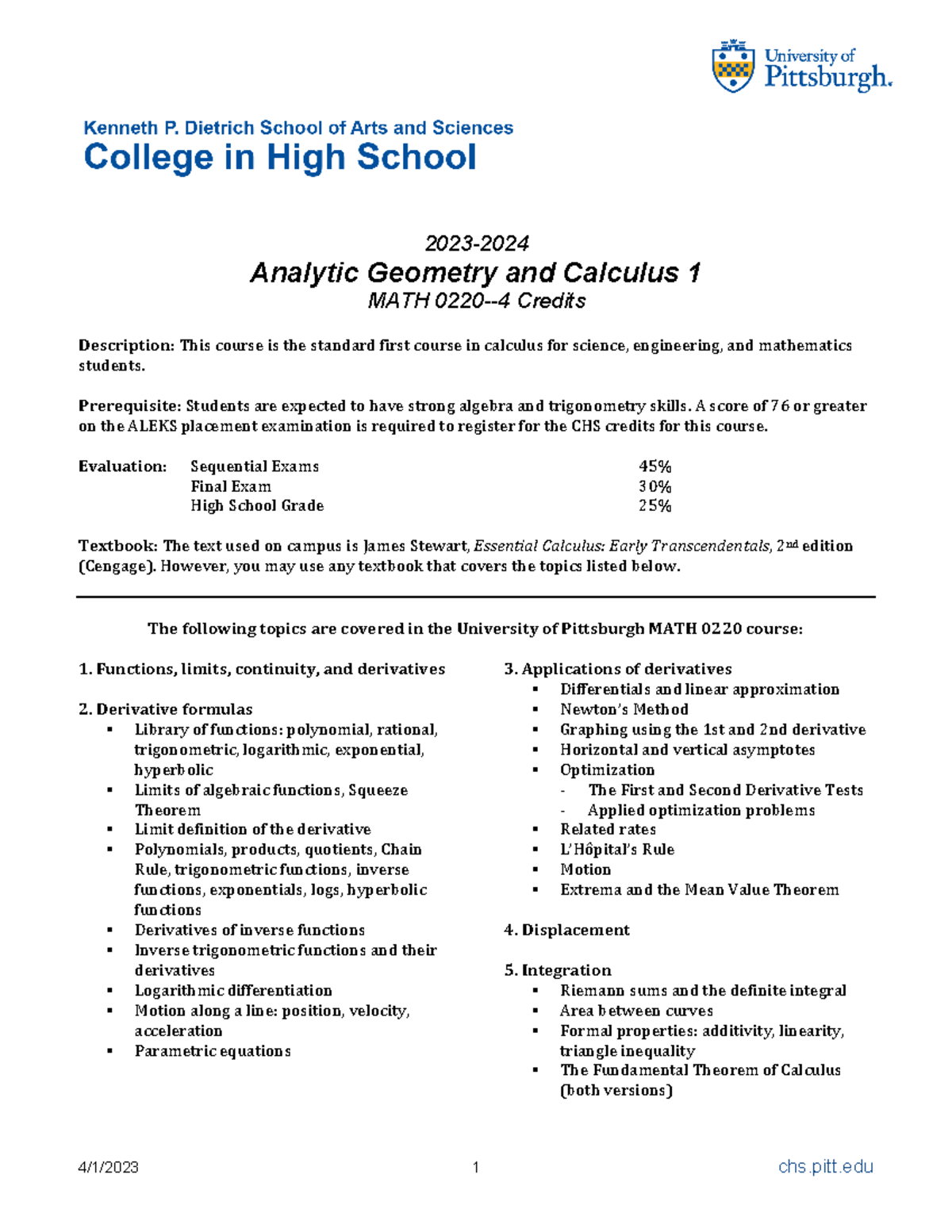 MATH 0220 Analytic Geometry and Calculus 1, 23-24 - 4/1/2023 1 chs.pitt ...