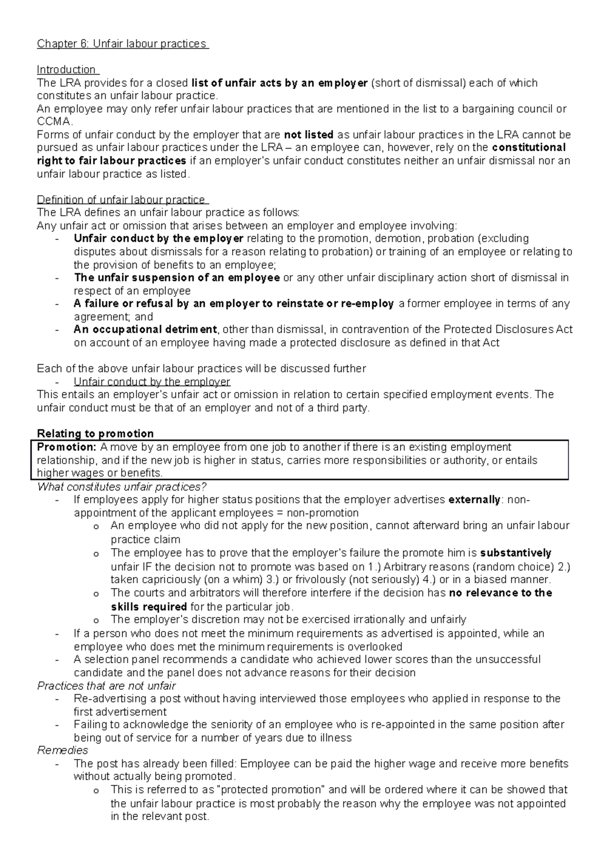 Chapter 6 - Complete - Summary Labour Law - Chapter 6: Unfair labour ...