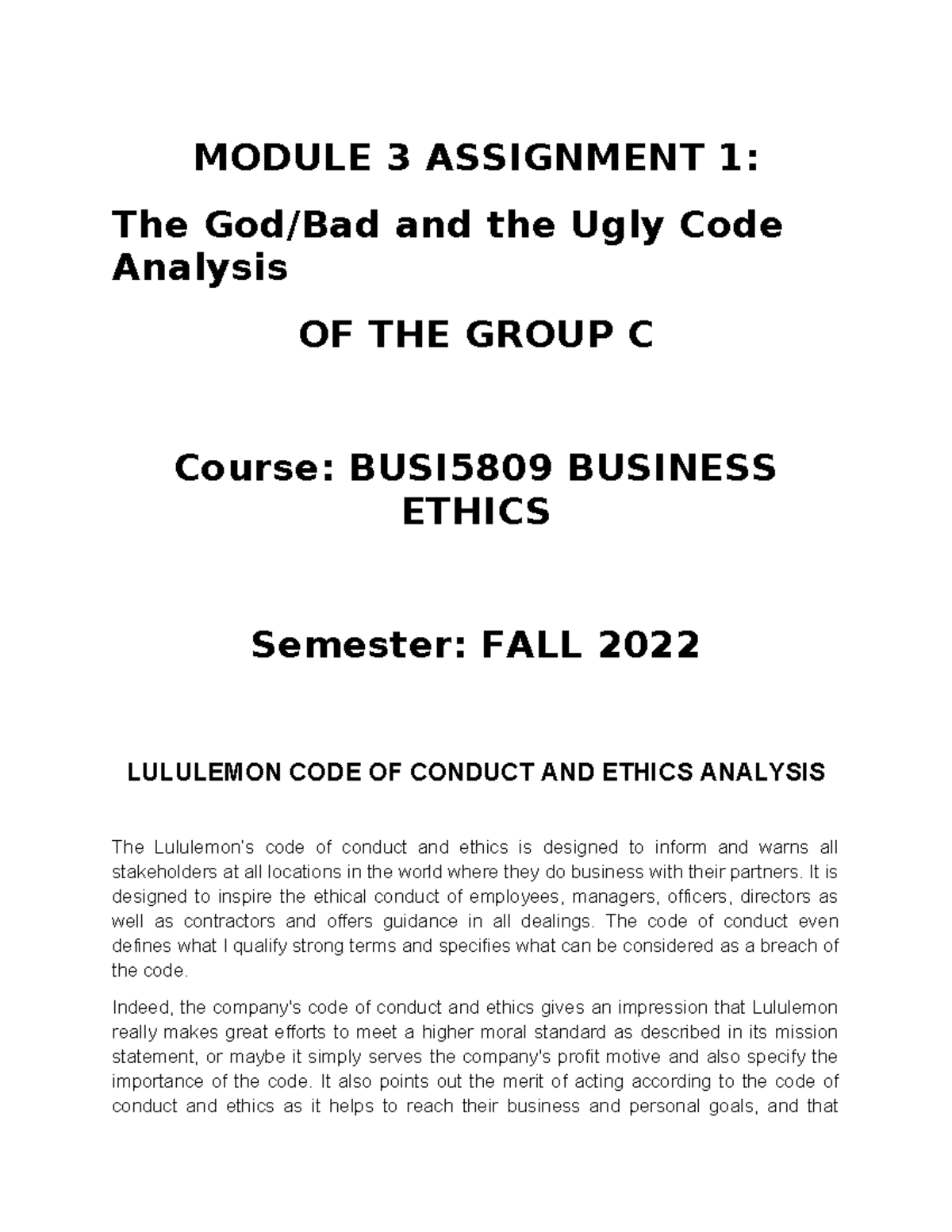 Module 3 Assignment 1 - BUSI5802V Business Ethics - MODULE 3 ASSIGNMENT 1: The God/Bad and the ...