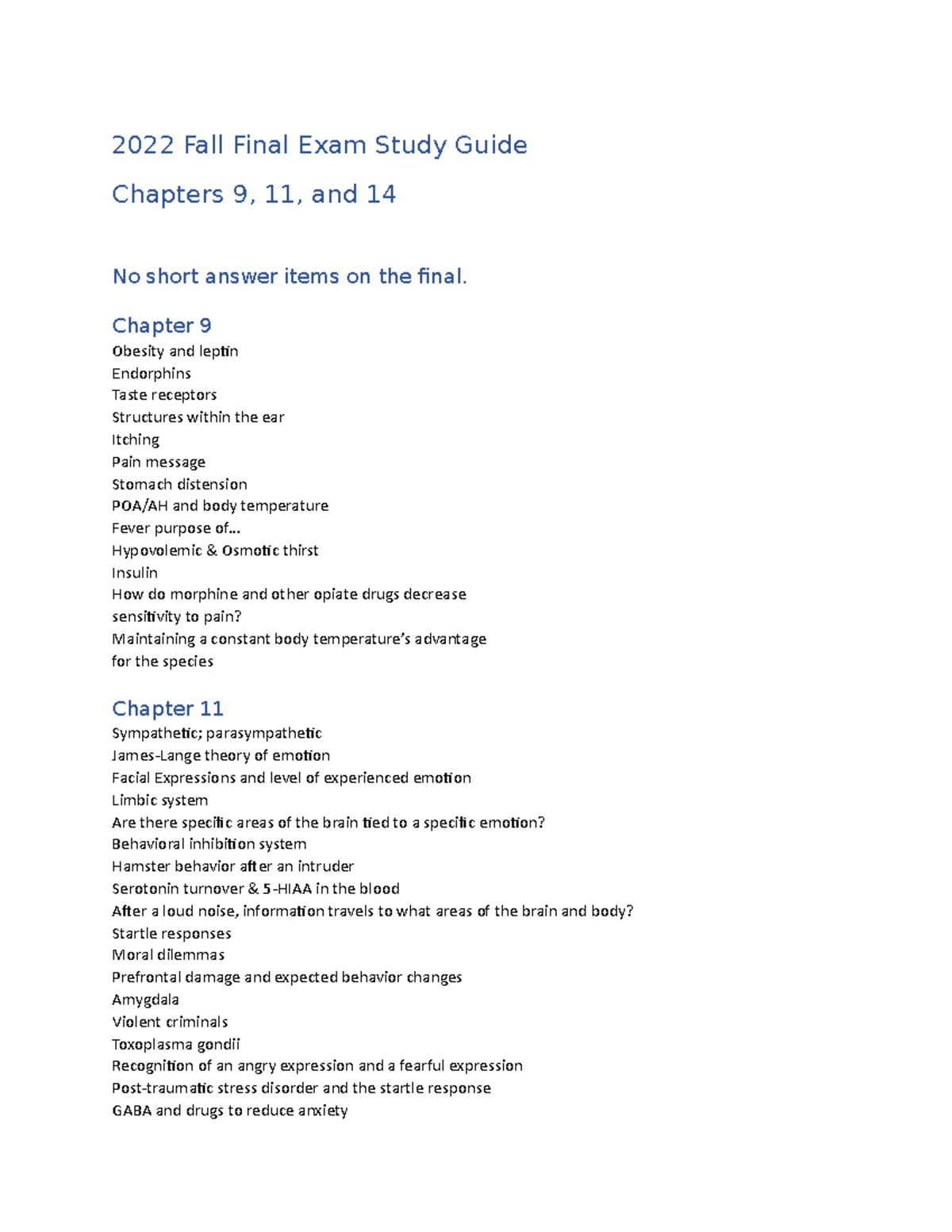 Study Guide Exam 4 Brain 22 Ch 9 11 14 - 2022 Fall Final Exam Study ...