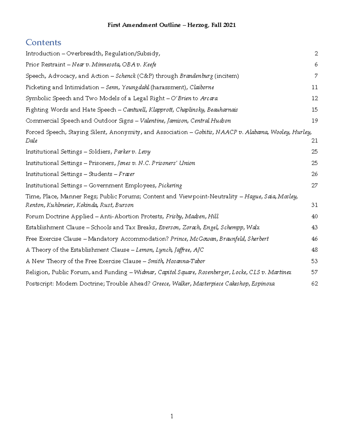 Copy of 1A Outline F21 - Contents First Amendment Outline – Herzog, Fall Introduction ...