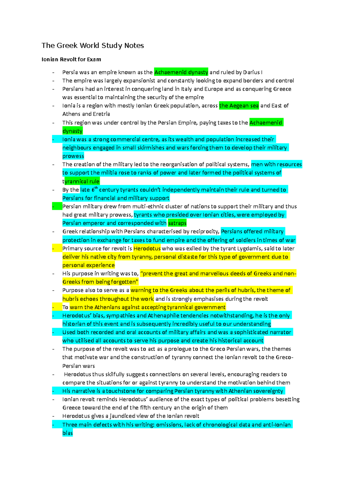 The Greek World Study Notes - The Greek World Study Notes Ionian Revolt ...