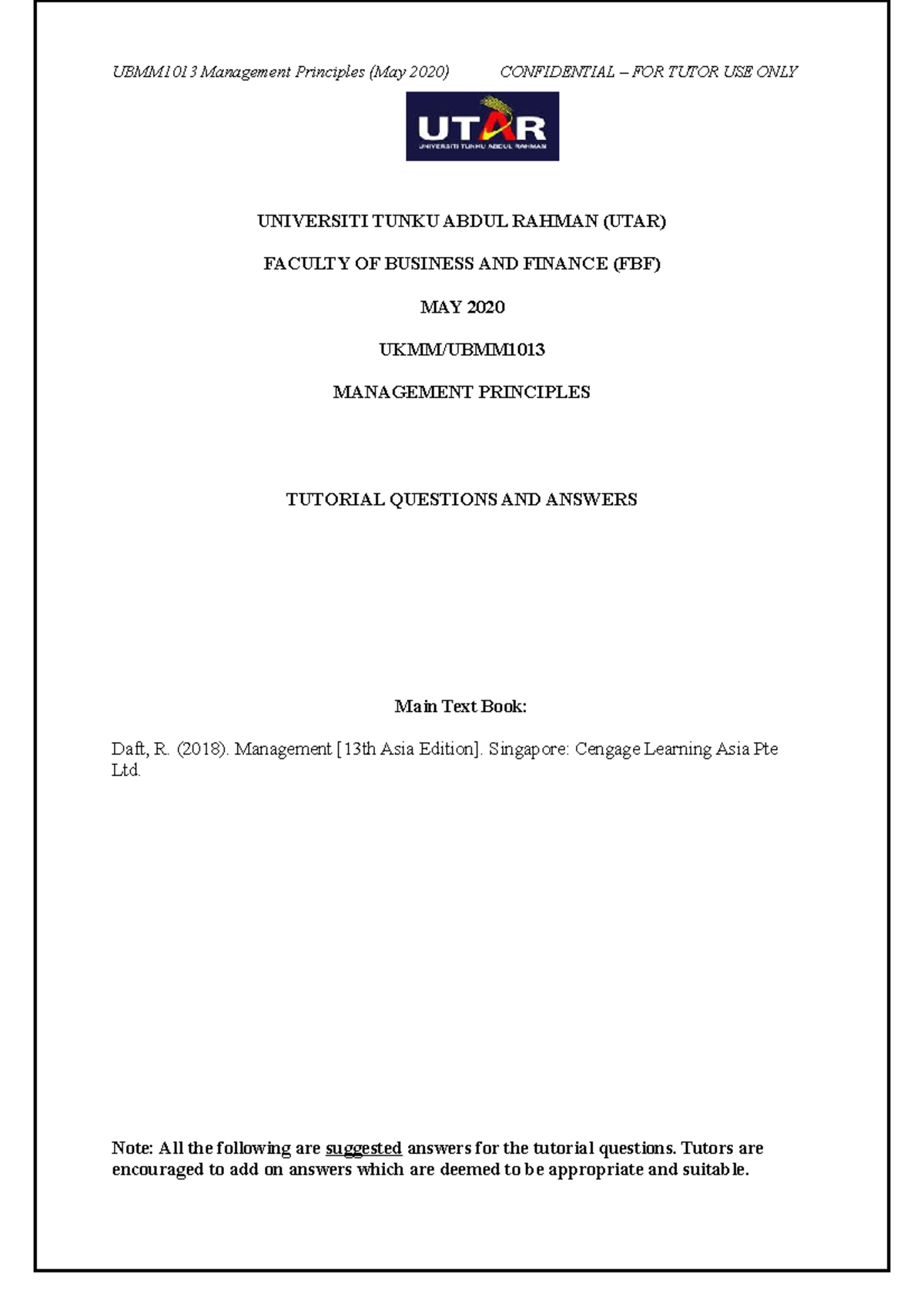 MP Tutorial - UNIVERSITI TUNKU ABDUL RAHMAN (UTAR) FACULTY OF BUSINESS ...