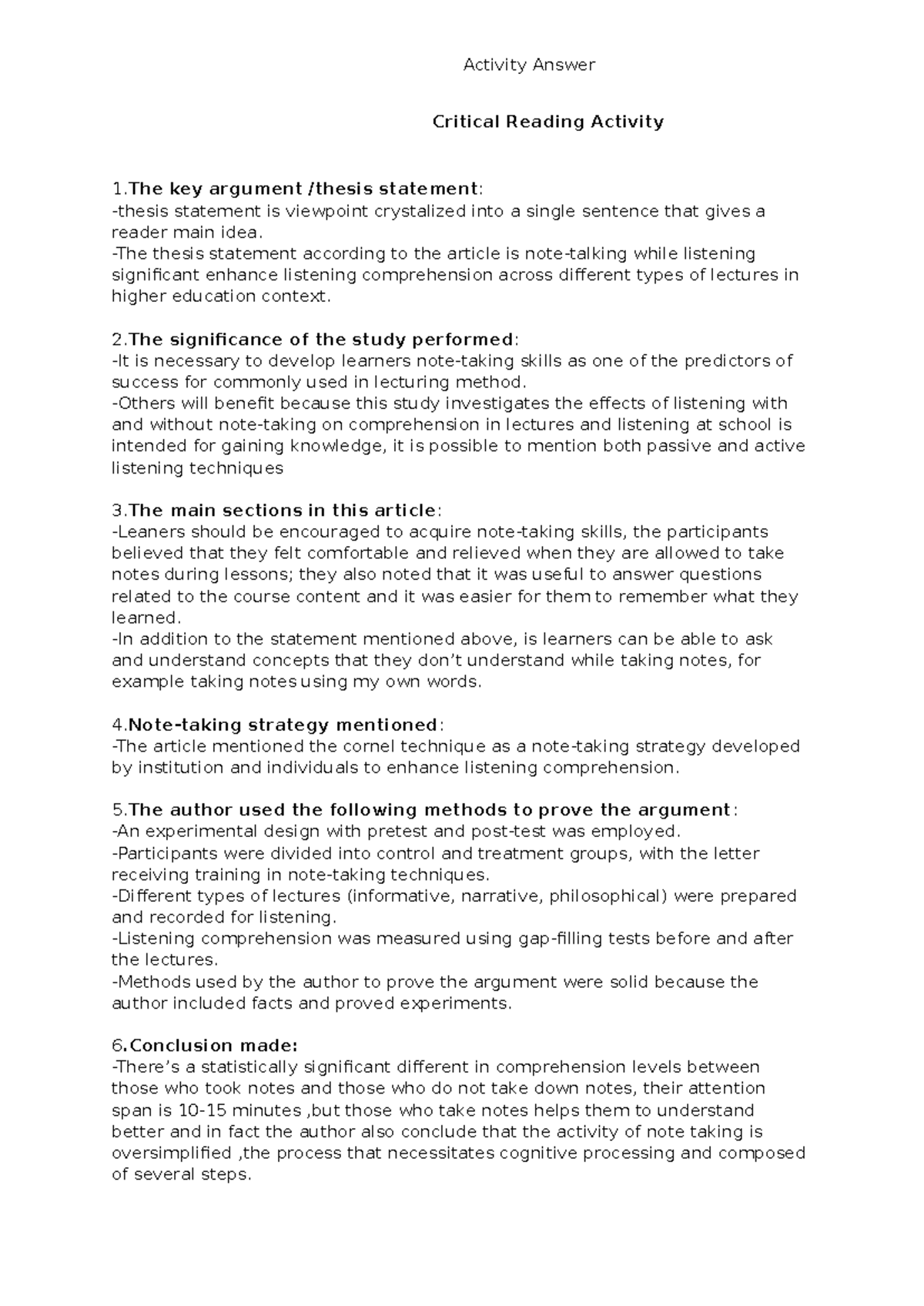 Critical Reading Activity - Activity Answer Critical Reading Activity 1 ...