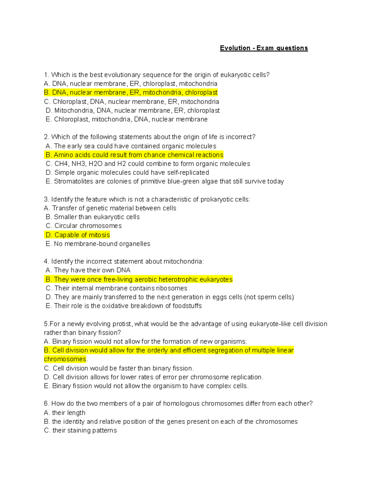 Evolution - Exam questions - Which is the best evolutionary sequence ...