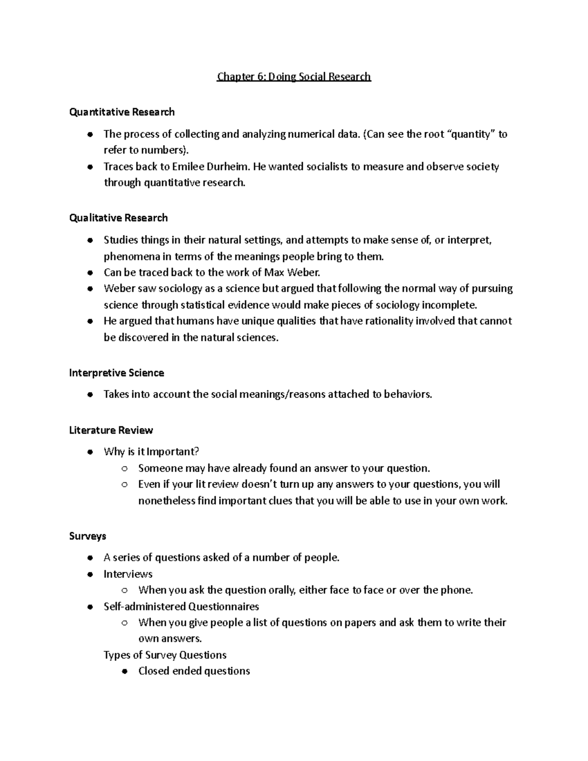 Chapter 6- Doing Social Research Notes - Chapter 6: Doing Social ...