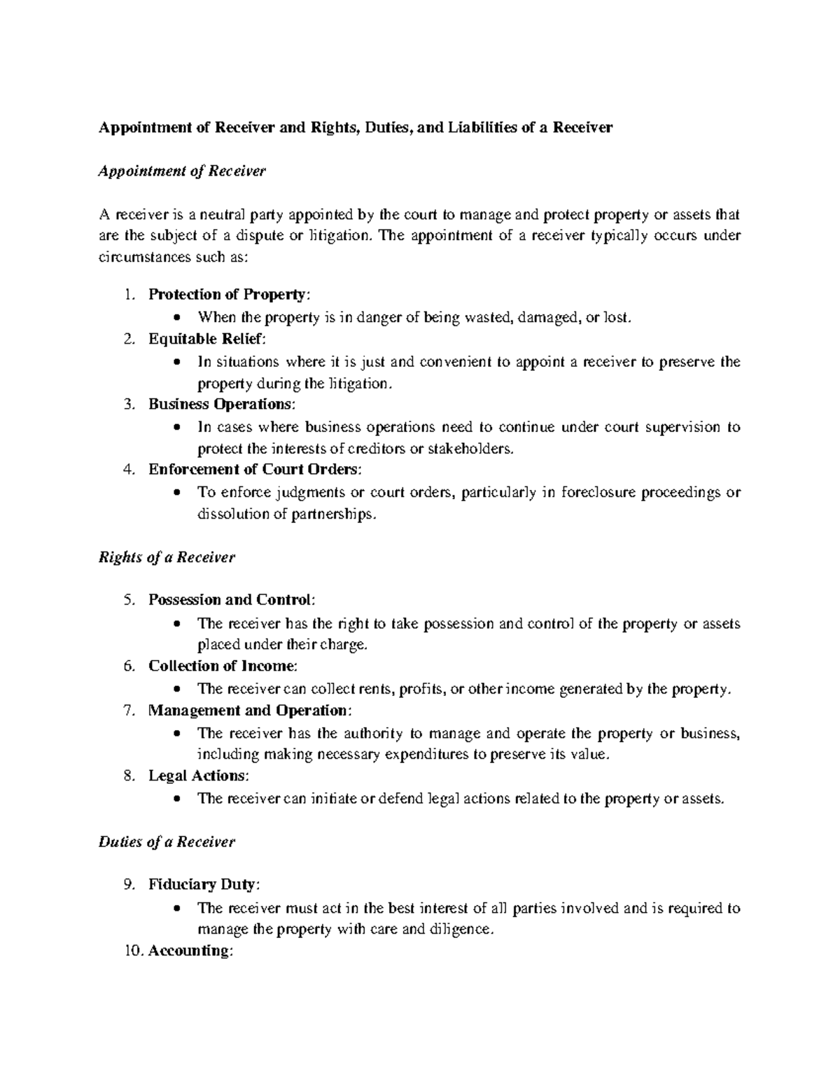 Receiver - The appointment of a receiver typically occurs under ...