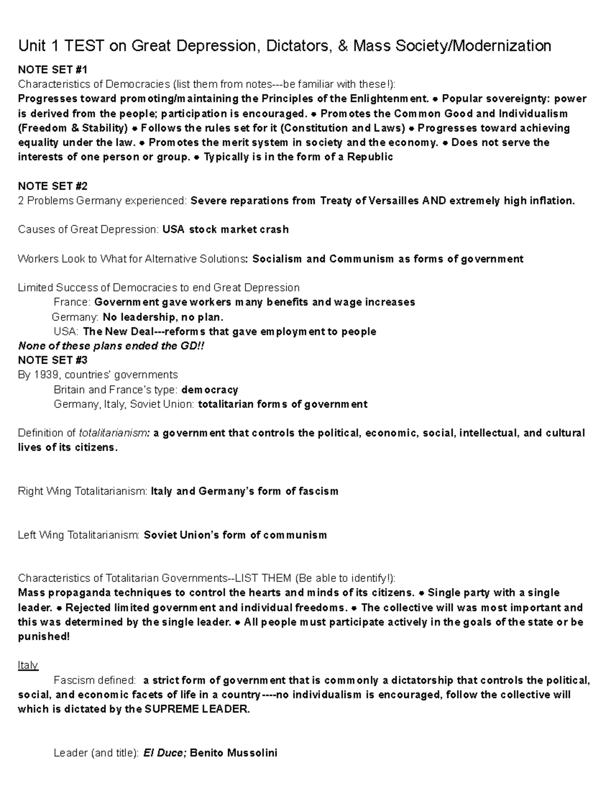 Unit 1 TEST Study Guide Answers on Great Depression, Dictators, & Mass ...