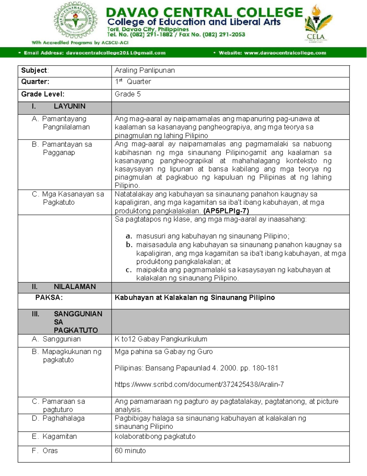 Lesson plan g5 final - Subject: Araling Panlipunan Quarter: 1 st ...