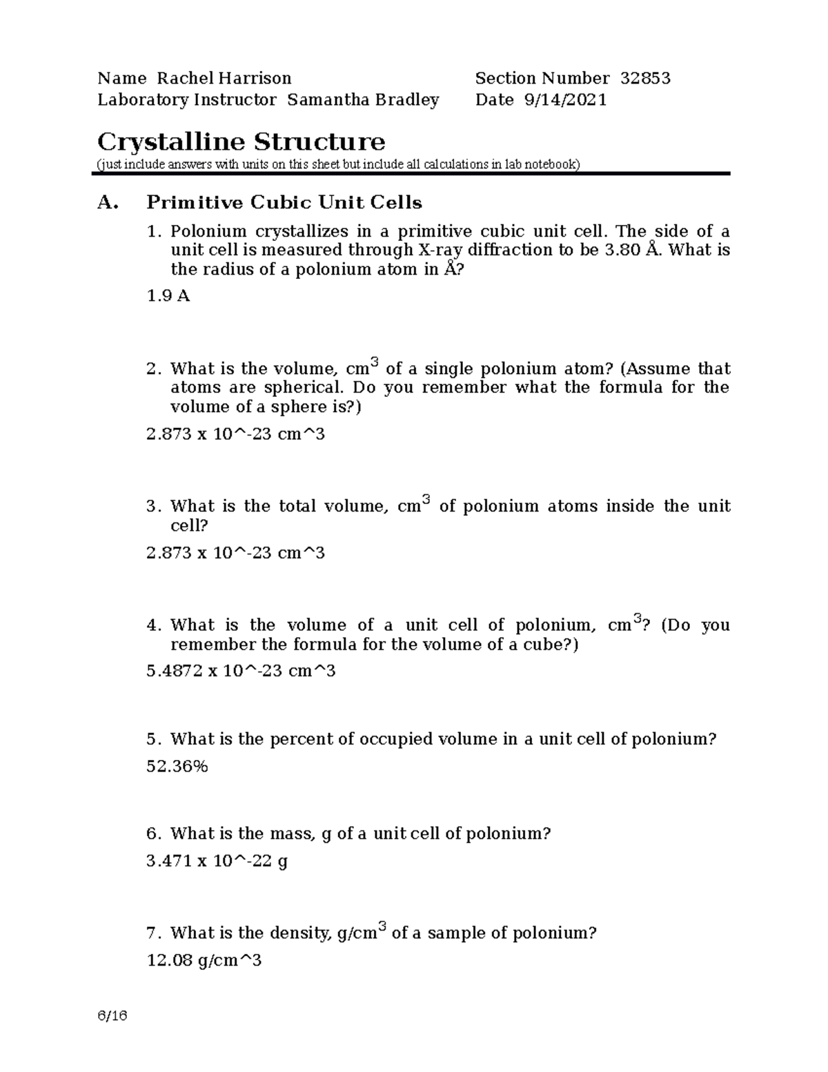 Crystalline Structure Problems - Name Rachel Harrison Section Number ...