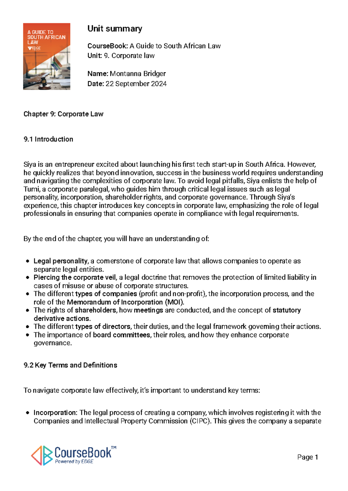 9. Corporate law - Unit Summary - Unit summary CourseBook: A Guide to ...