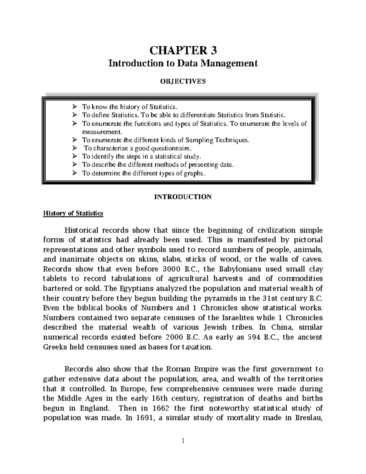 MMW Chap 3 Data Management Statistics - CHAPTER 3 Introduction to Data Management OBJECTIVES ...