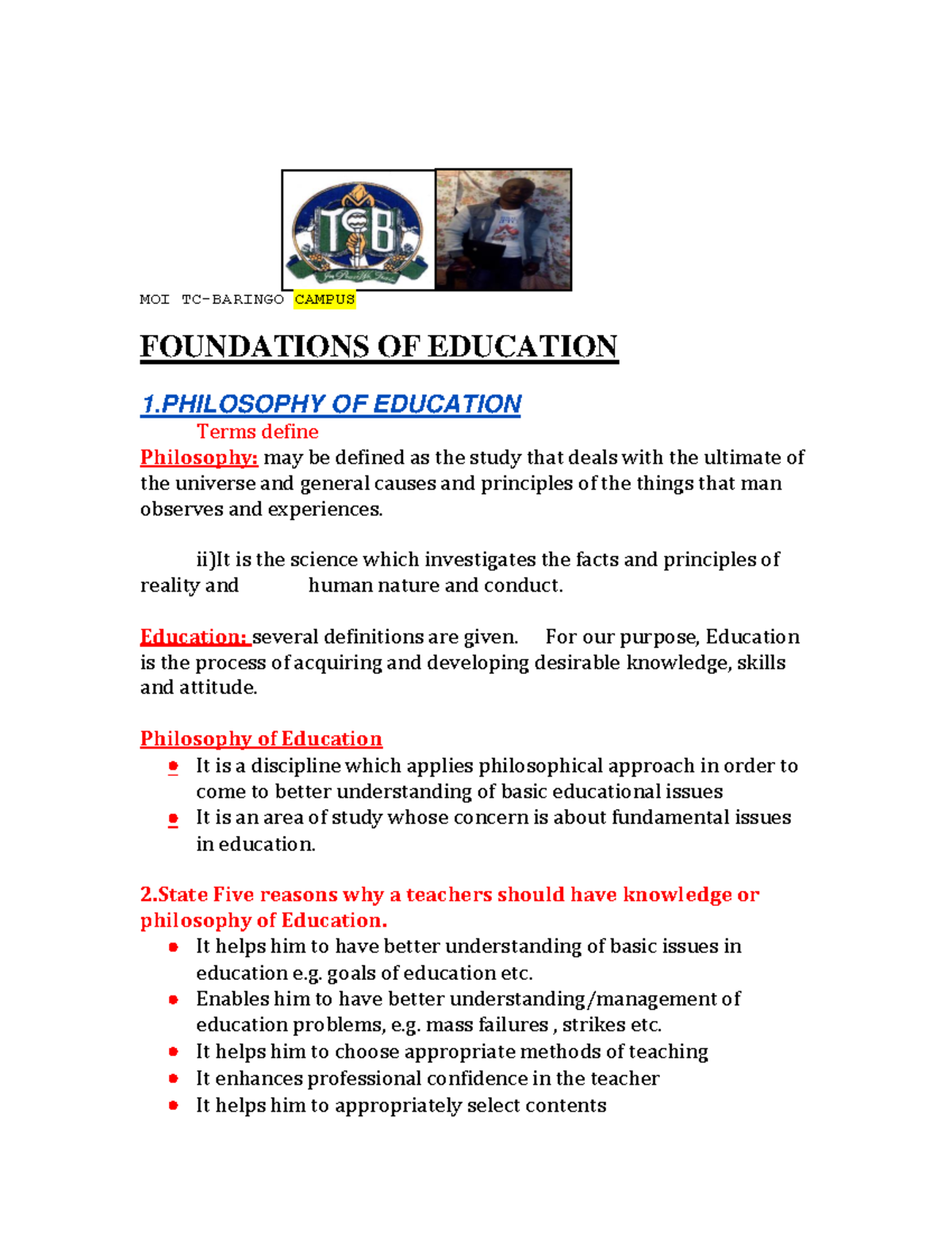 Education Notes MR Kennedy 2 - MOI TC-BARINGO CAMPUS FOUNDATIONS OF ...