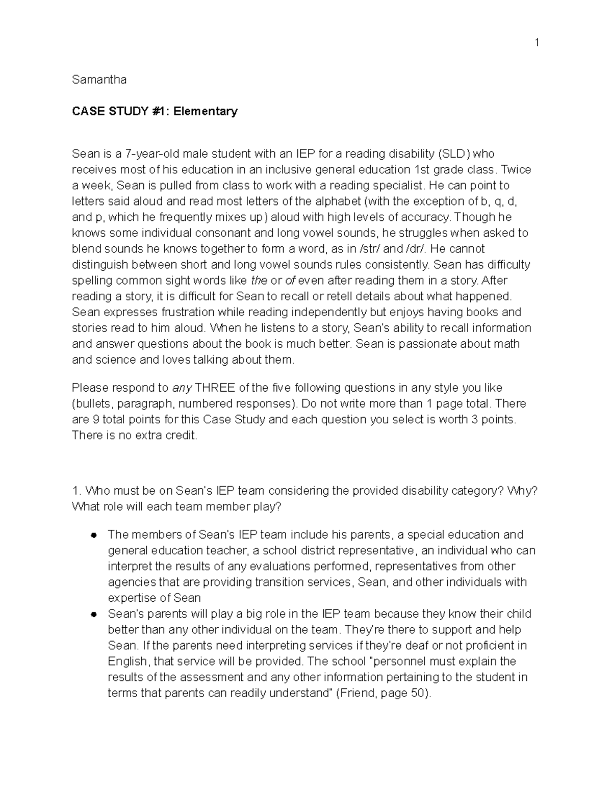 Case Study EDSP470 - Samantha CASE STUDY #1: Elementary Sean is a 7 ...