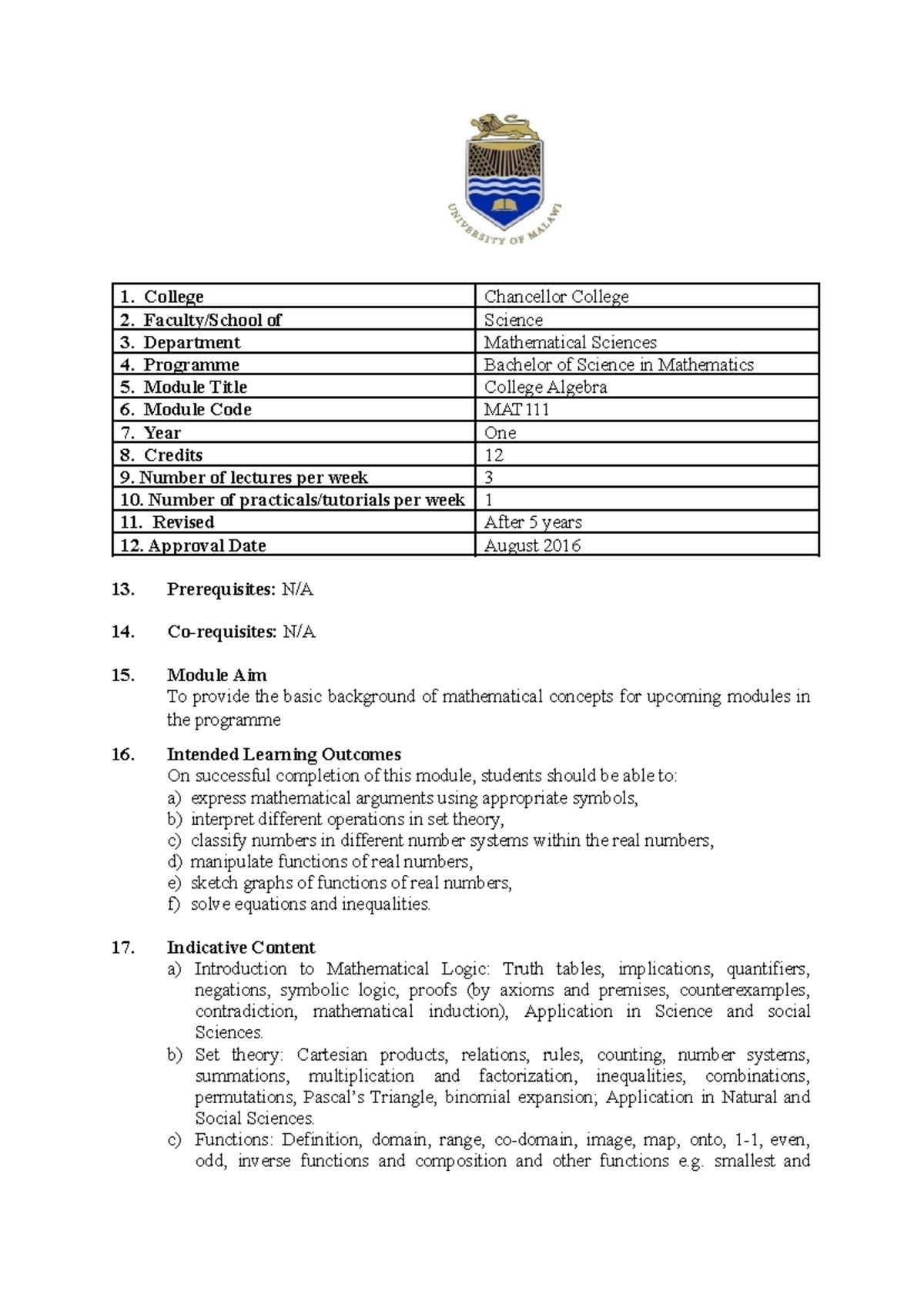 MAT 111 112 Teaching Plan for Semester 1 2024 - 1. College Chancellor ...