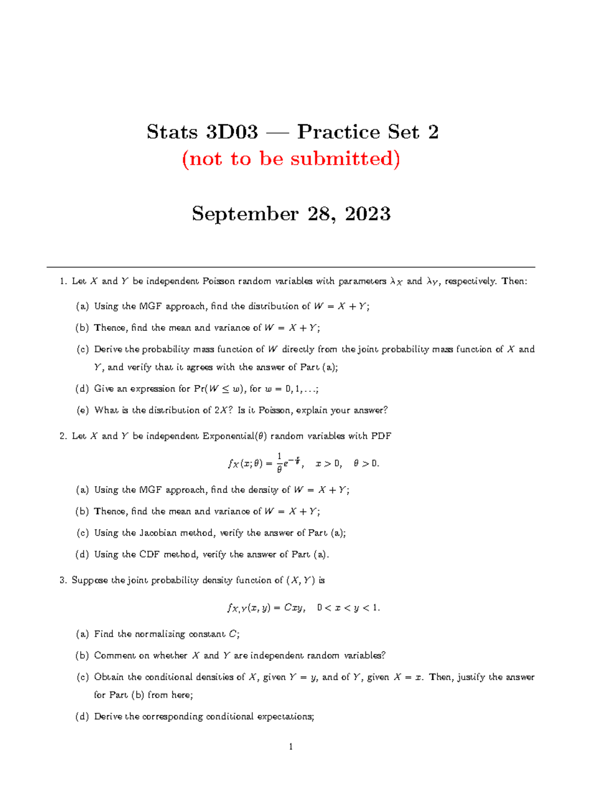 Assignment 2 - Stats 3D03 — Practice Set 2 (not to be submitted ...