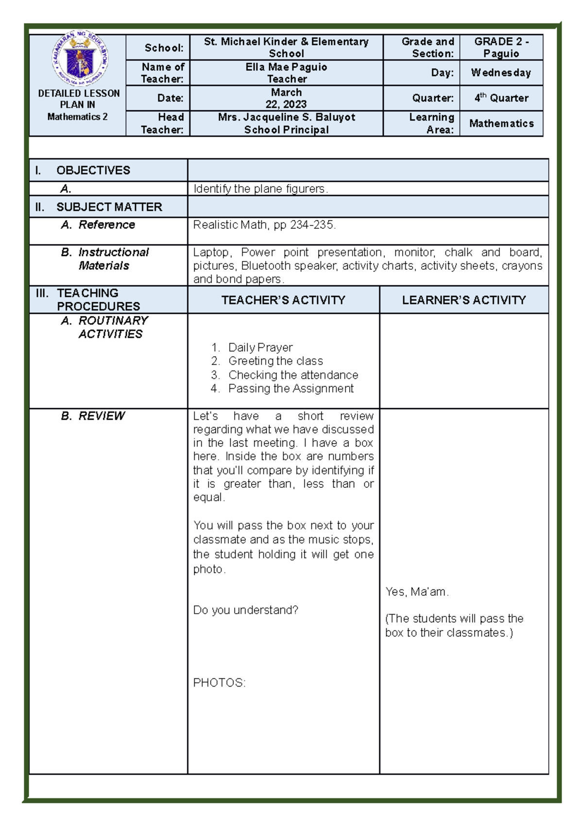2D shapes - docs - DETAILED LESSON PLAN IN Mathematics 2 School: St ...