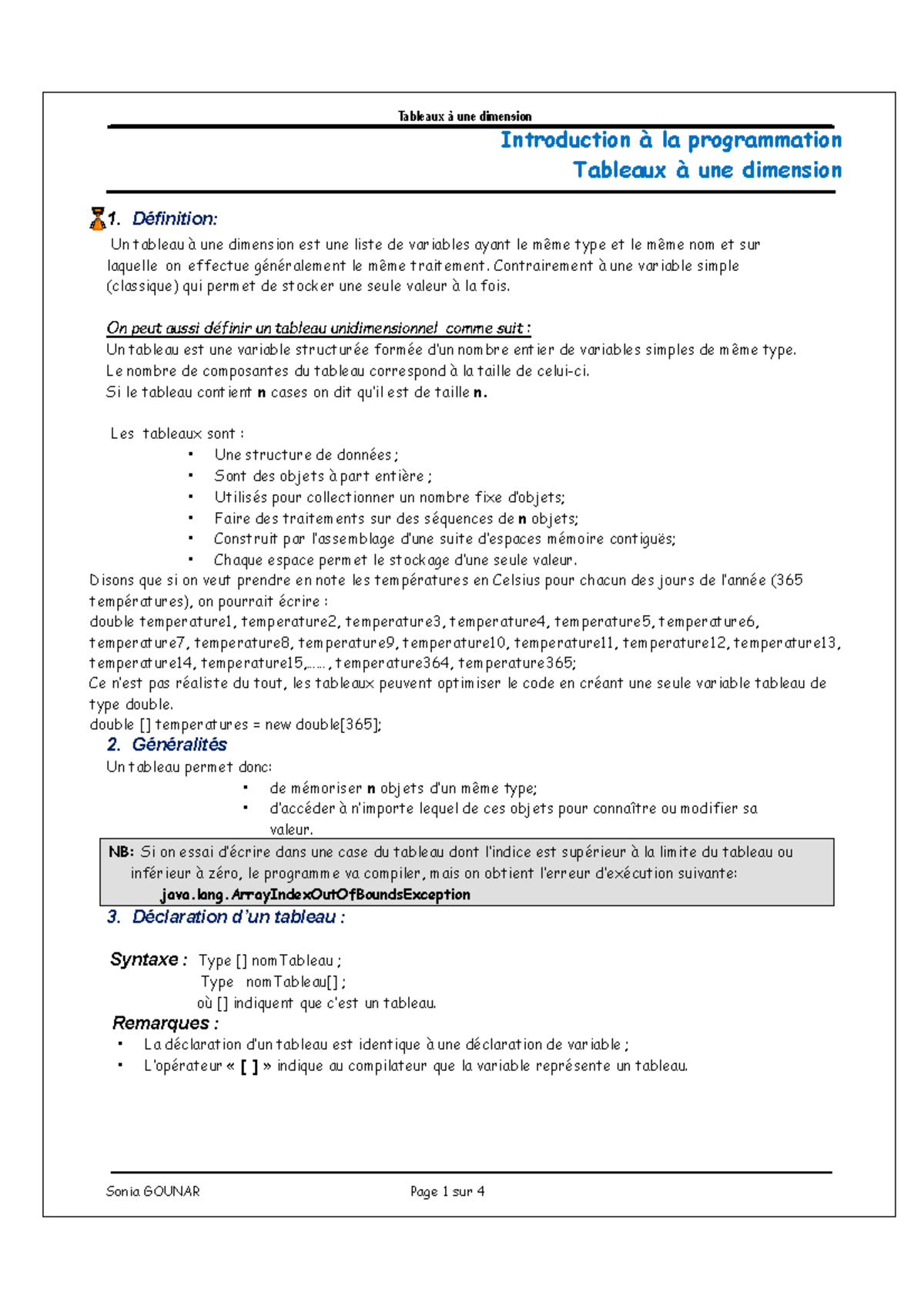 1.Tableaux à une dimension en Java - Introduction à la programmation Tableaux à une dimension 1 ...