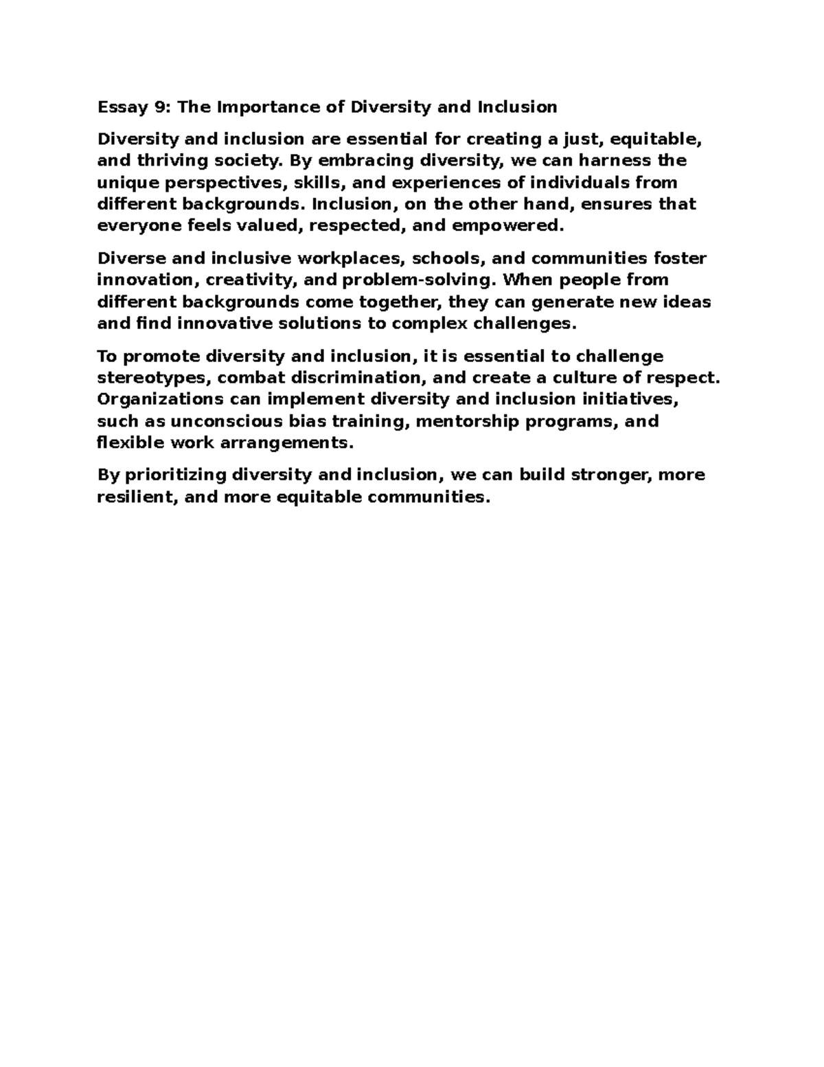 Essay 5 - Essay 9: The Importance of Diversity and Inclusion Diversity ...