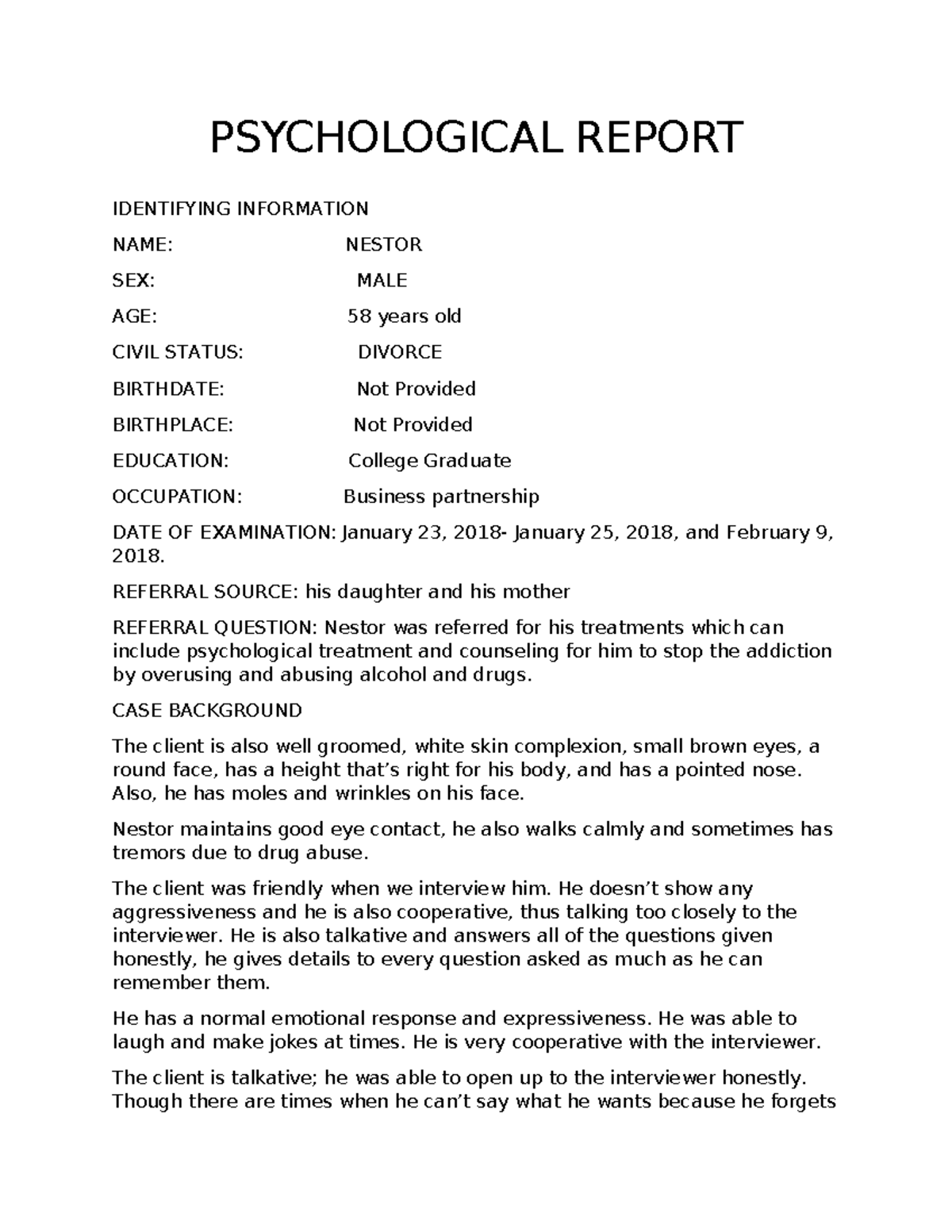 Psychological Report - PSYCHOLOGICAL REPORT IDENTIFYING INFORMATION ...