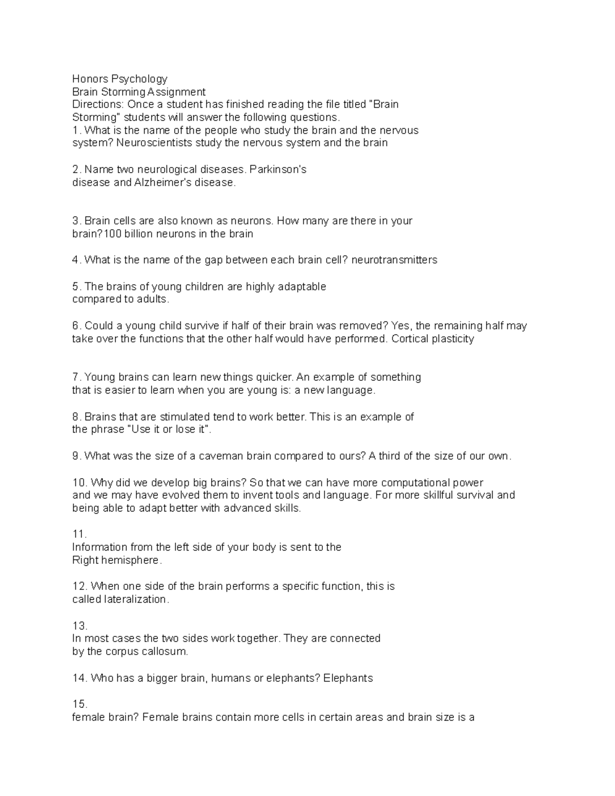 Honors Psychology Brain Storming Assignment - Honors Psychology Brain ...