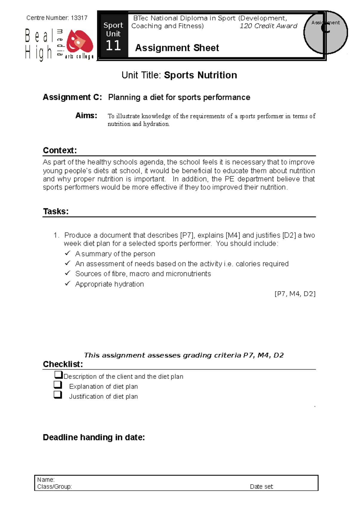 Sports Nutrition C - C Assignment Centre Number: 13317 Sport Unit BTec ...