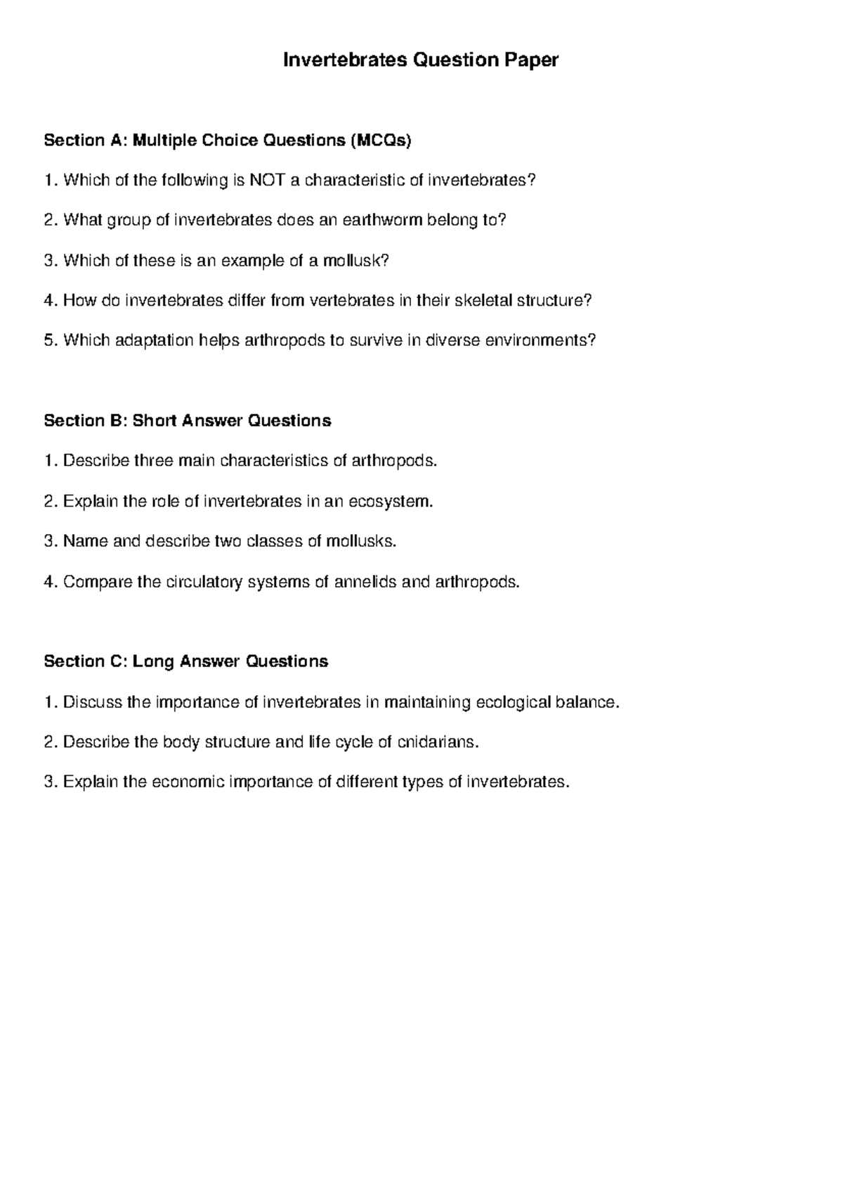 Invertebrates Question Paper - Invertebrates Question Paper Section A ...