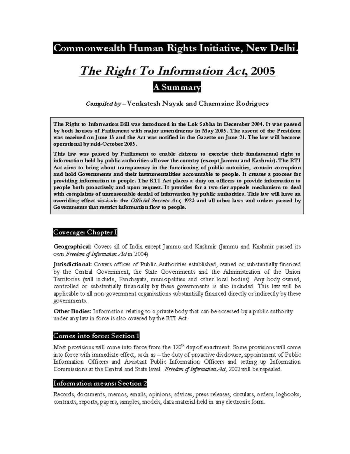 Rti act 2005 summary - Rti Act - Commonwealth Human Rights Initiative ...
