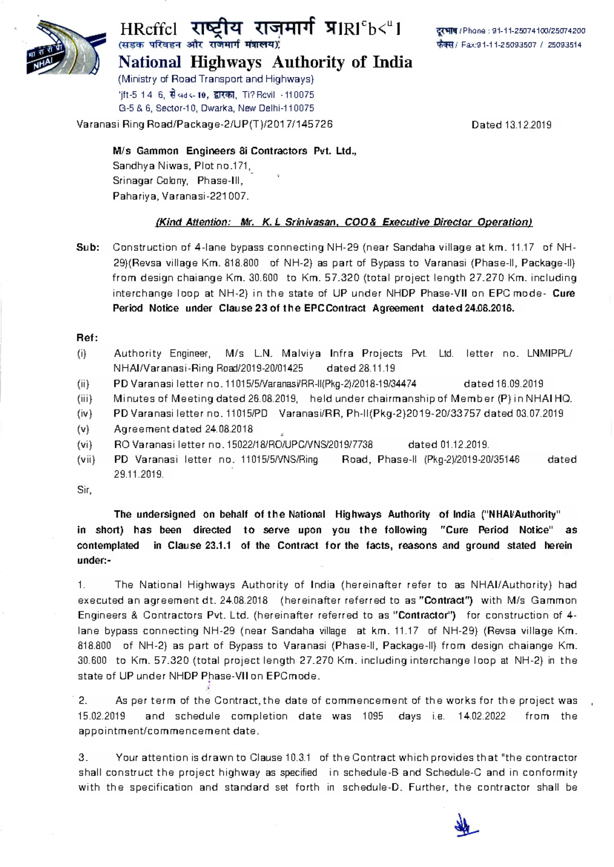 cure-period-notice-under-clause-23-of-epc-contract-agreement-dated-24