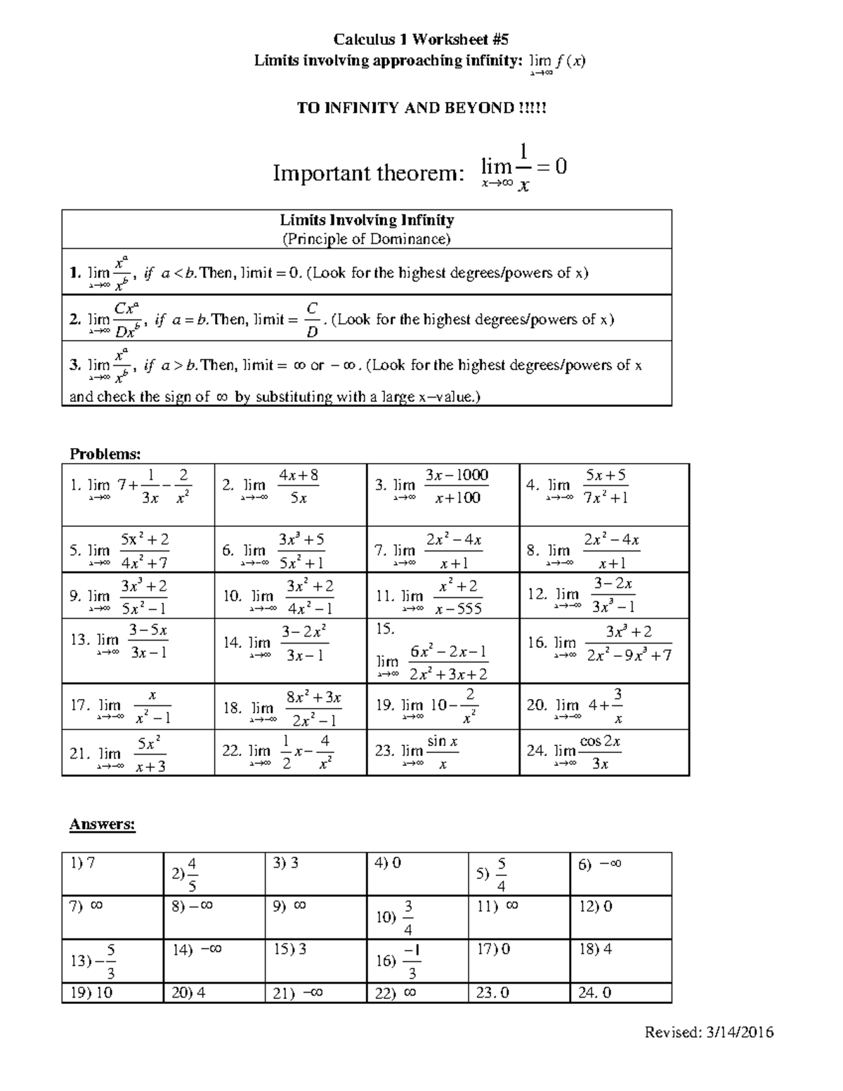 Limitsto infinity - Revised: 3/14/ Calculus 1 Worksheet # Limits ...